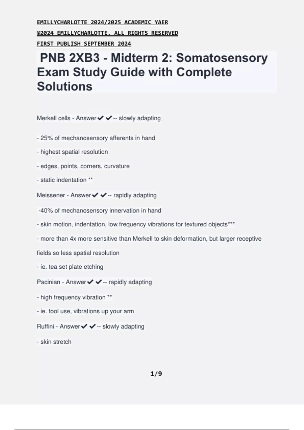 PNB 2XB3 - Midterm 2: Somatosensory Exam Study Guide with Complete Solutions - PNB 2XB3 - Stuvia US