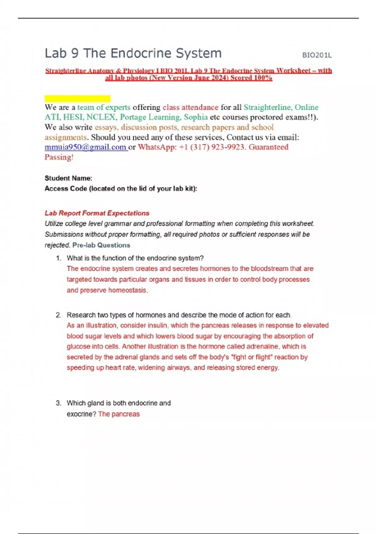 Lab 9 The Endocrine System BIO201L Straighterline Anatomy & Physiology ...