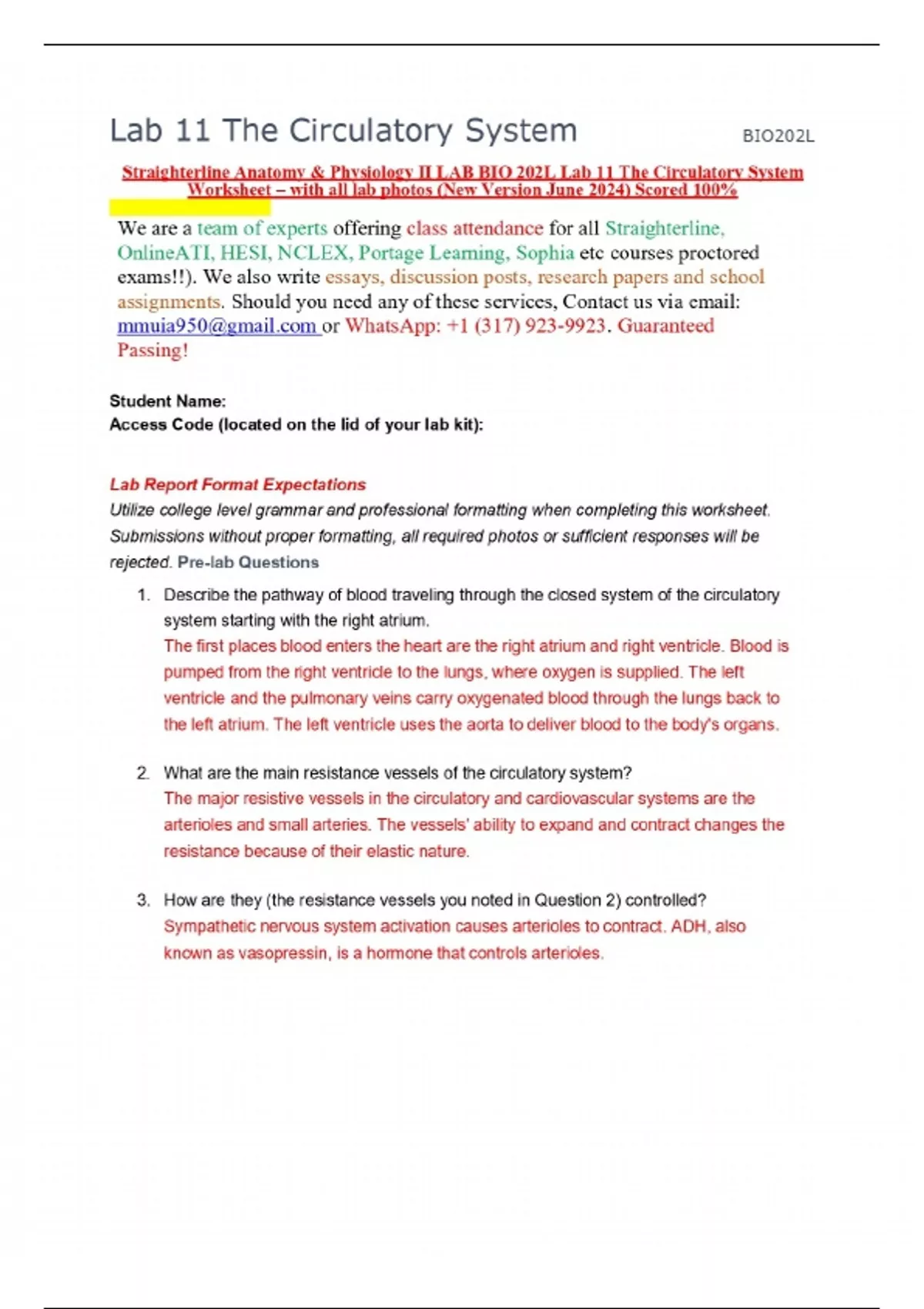 Lab 11 The Circulatory System BIO202L Straighterline Anatomy & Physiology II LAB BIO 202L Lab 11 ...