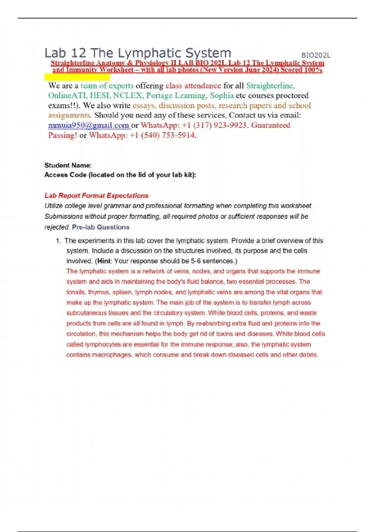 Lab 12 The Lymphatic System BIO202L Straighterline Anatomy & Physiology II LAB BIO 202L Lab 12 ...