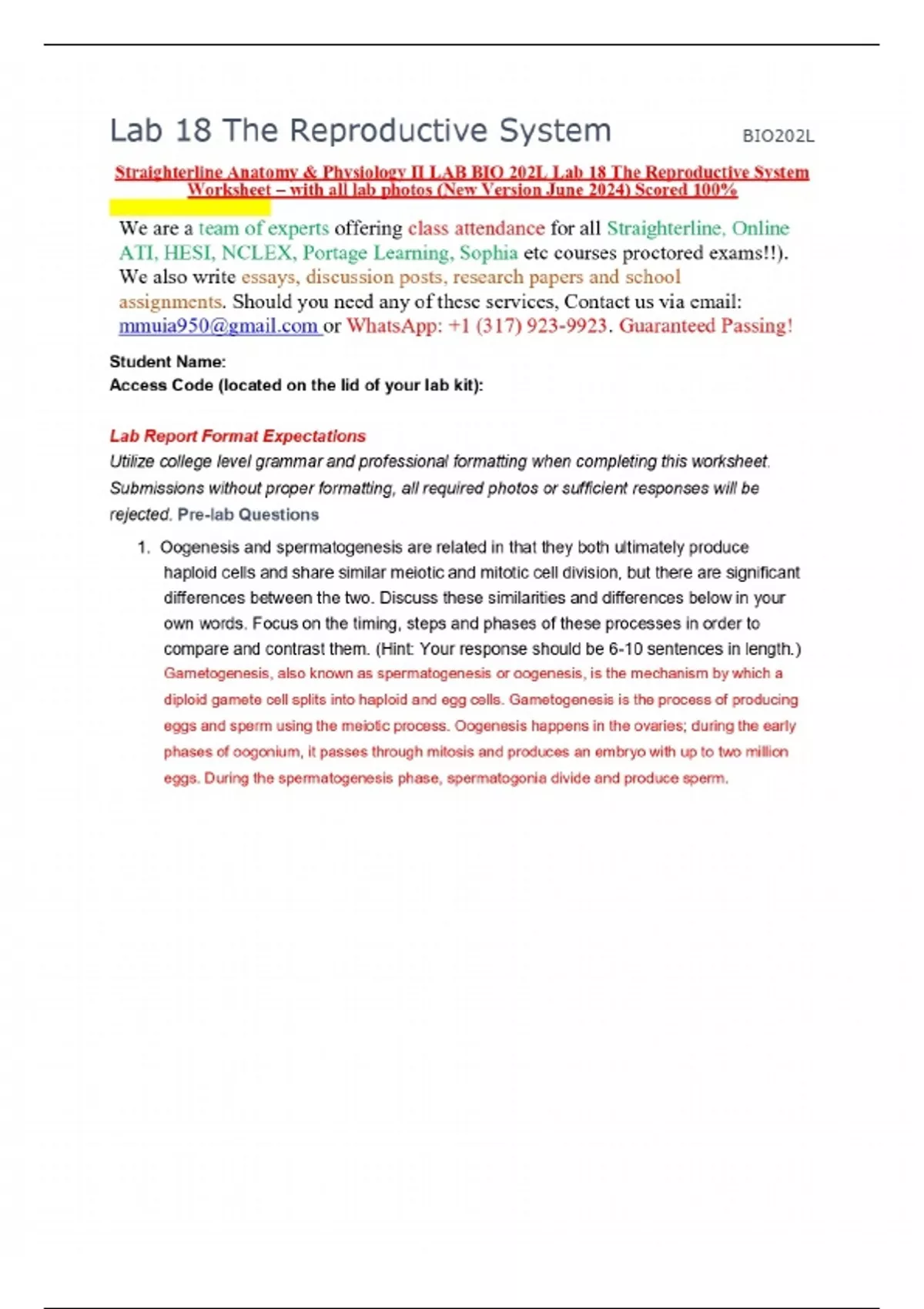 Lab 18 The Reproductive System BIO202L Straighterline Anatomy ...