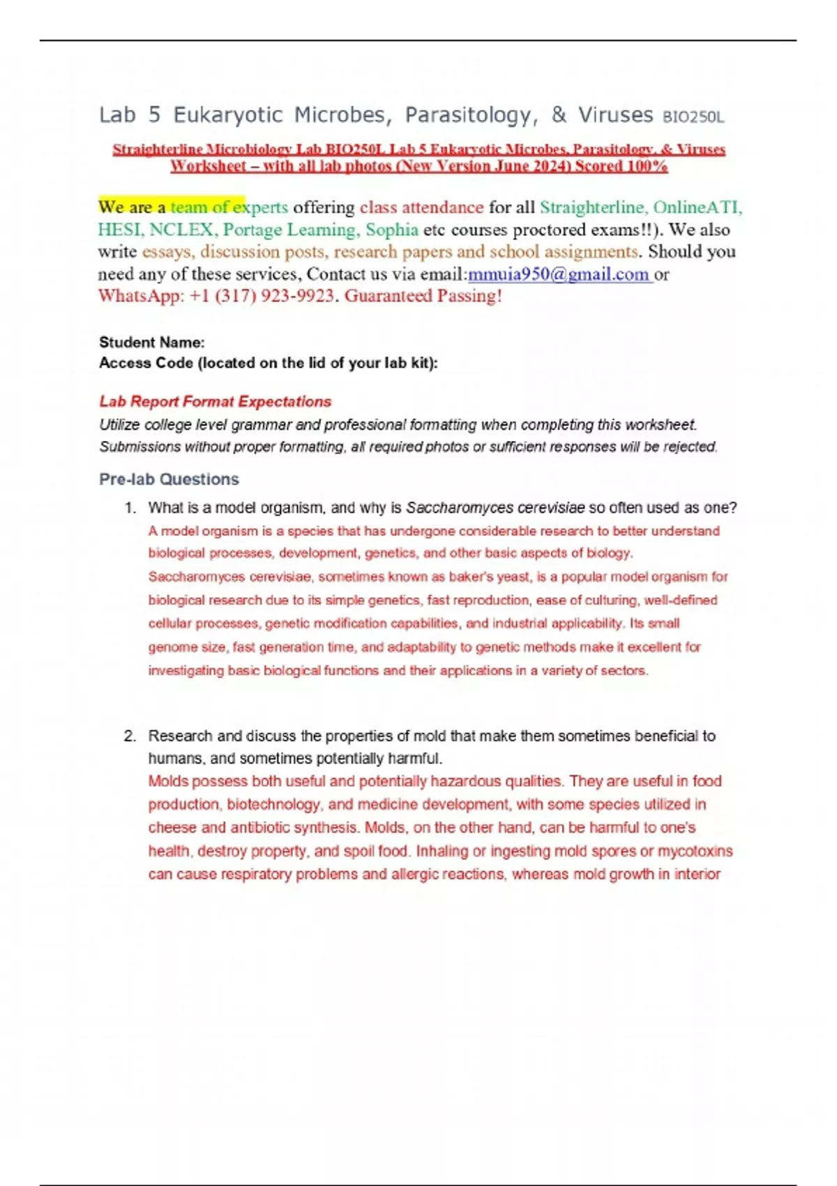 Lab 5 Eukaryotic Microbes, Parasitology, & Viruses BIO250L Straighterline Microbiology Lab ...