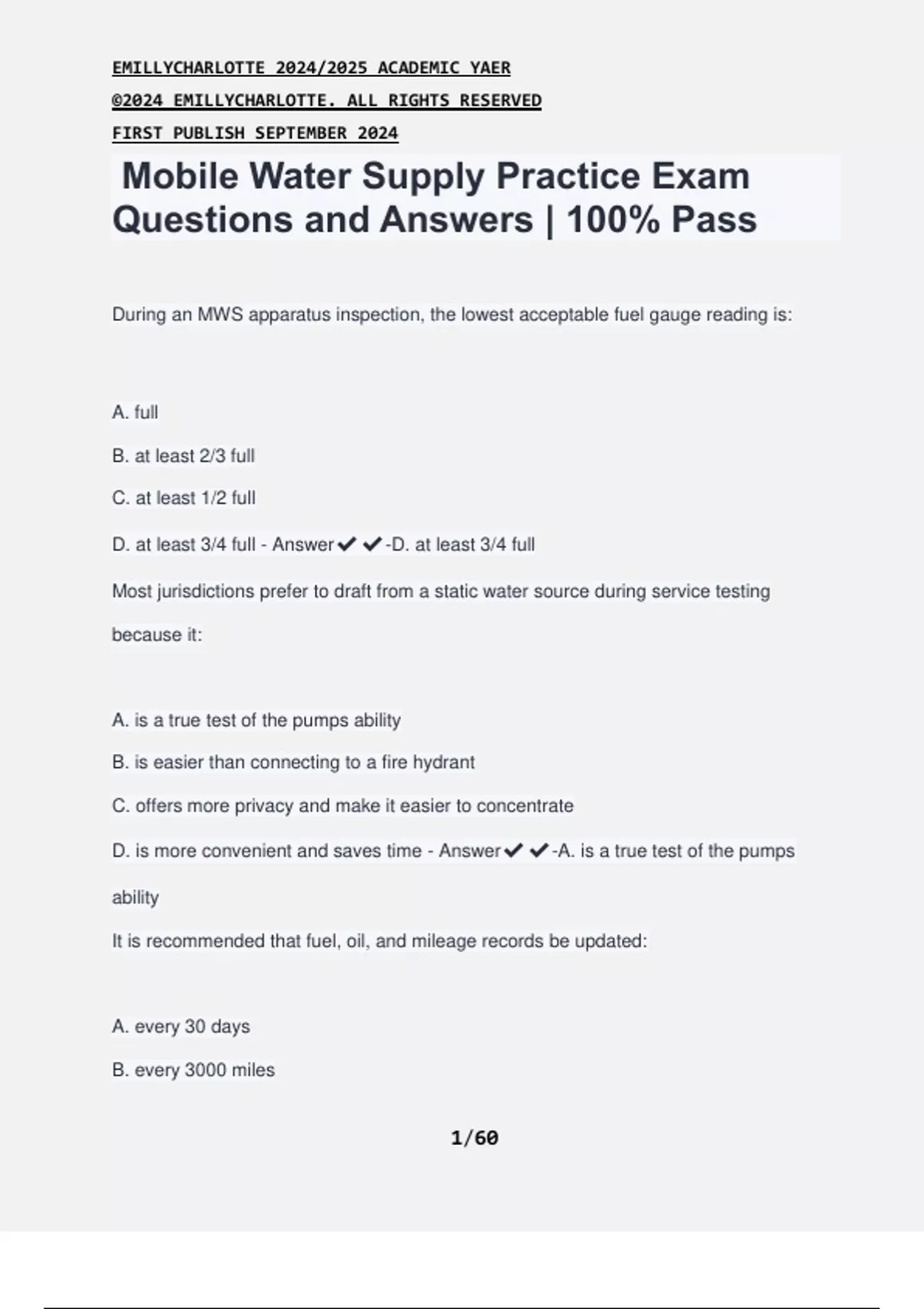 Mobile Water Supply Practice Exam Questions and Answers | 100% Pass ...