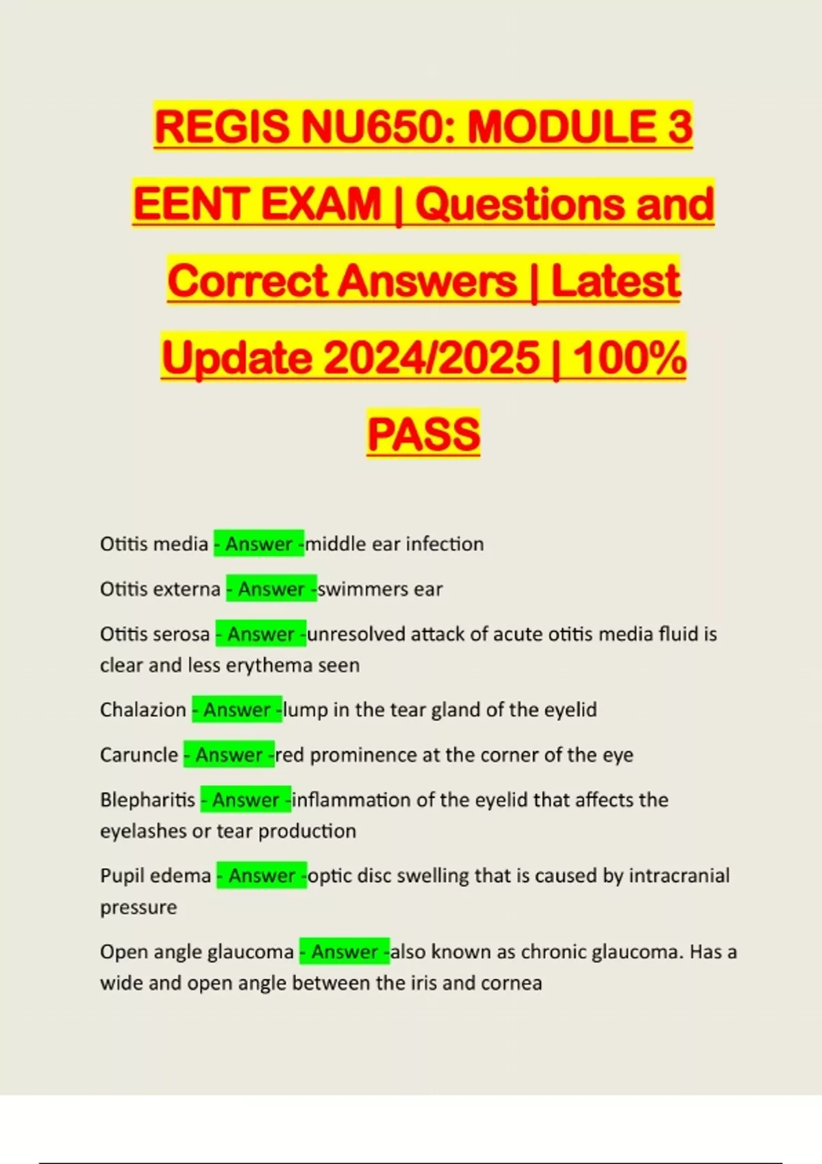 REGIS NU650: MODULE 3 EENT EXAM | Questions and Correct Answers ...