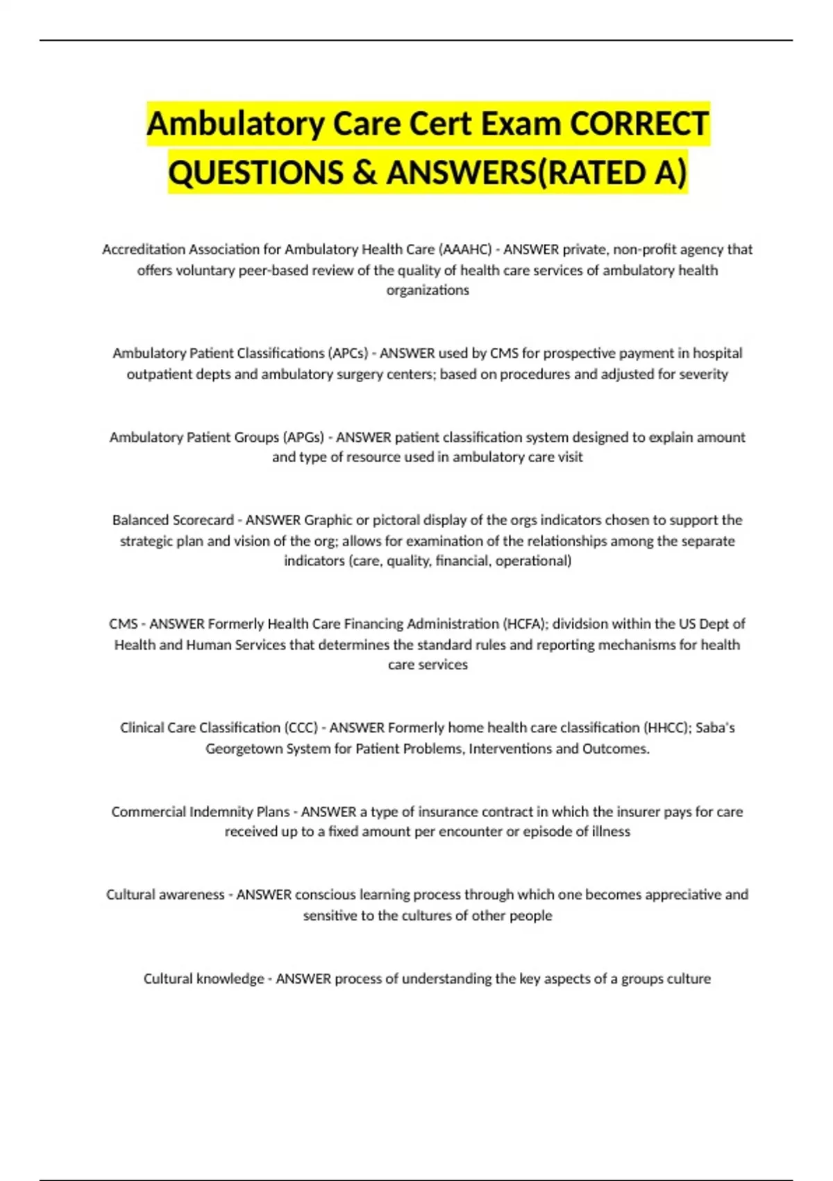 Ambulatory Care Cert Exam CORRECT QUESTIONS & ANSWERS(RATED A ...
