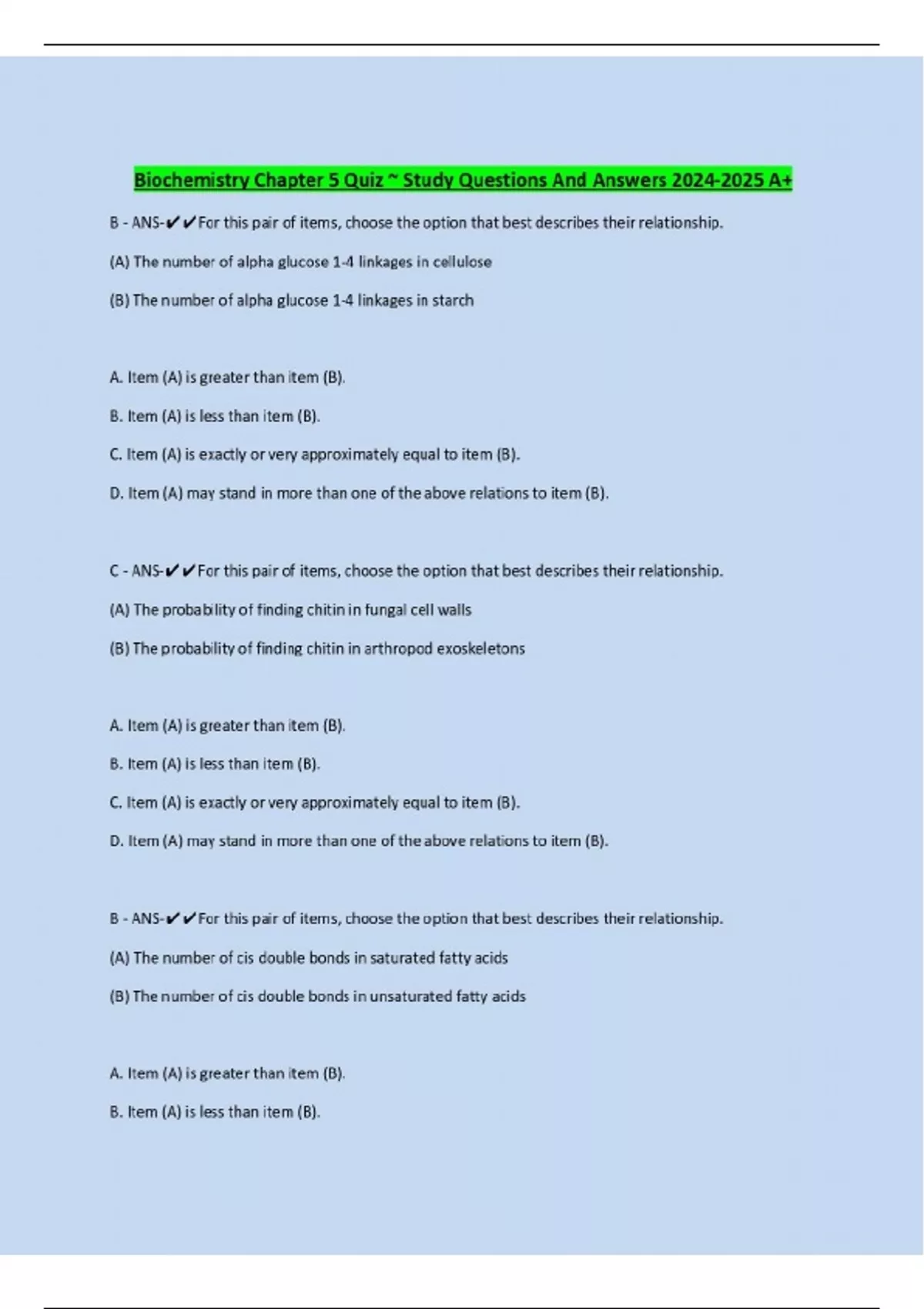 Biochemistry Chapter 5 Quiz ~ Study Questions And Answers A+ ...