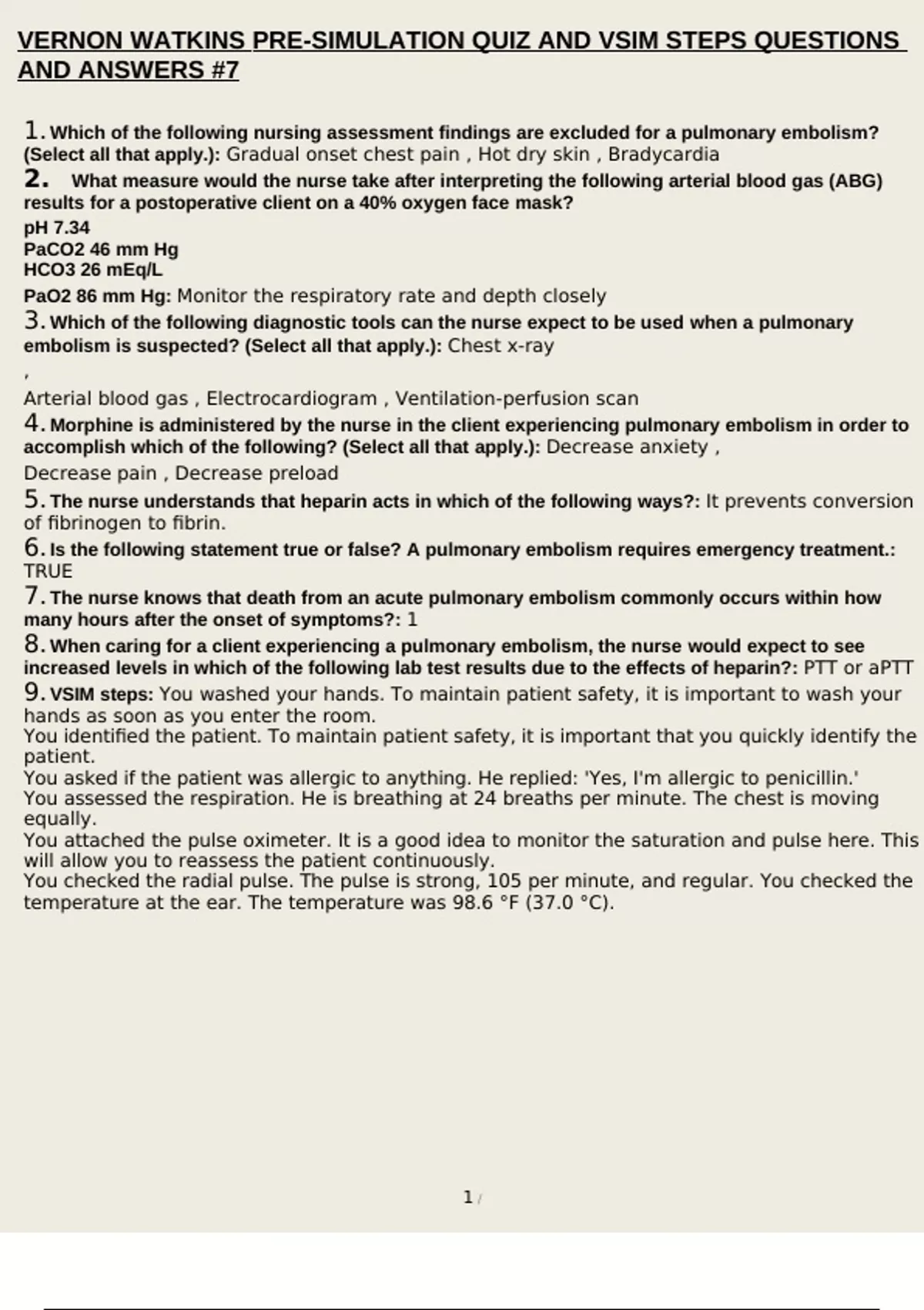VERNON WATKINS PRE-SIMULATION QUIZ AND VSIM STEPS QUESTIONS AND ANSWERS -7 - VSim for Nursing ...
