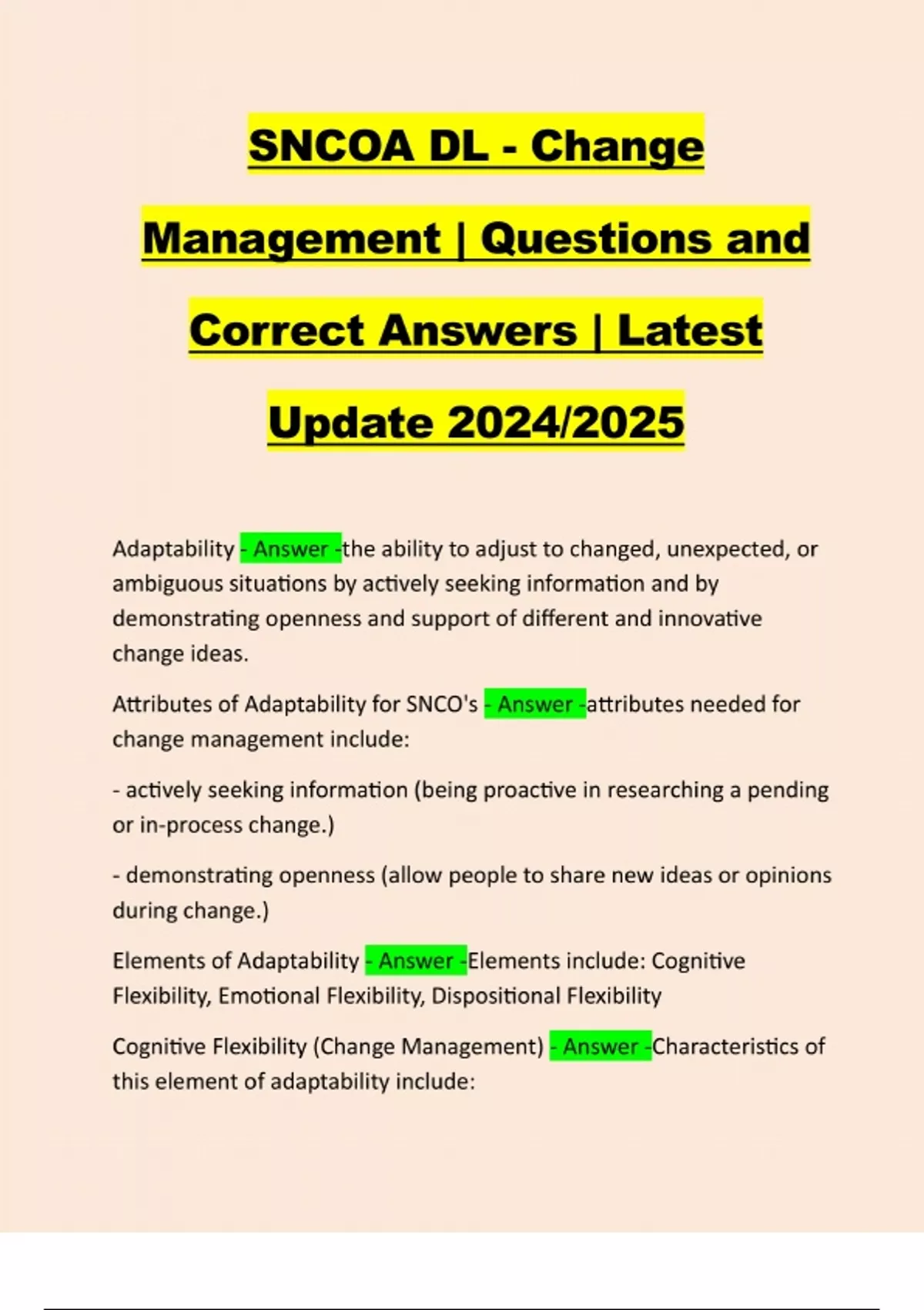 SNCOA DL - Change Management | Questions and Correct Answers | Latest ...