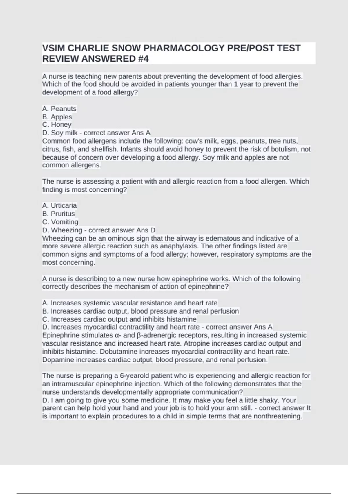VSIM CHARLIE SNOW PHARMACOLOGY PRE-POST TEST REVIEW ANSWERED -4 - VSim ...