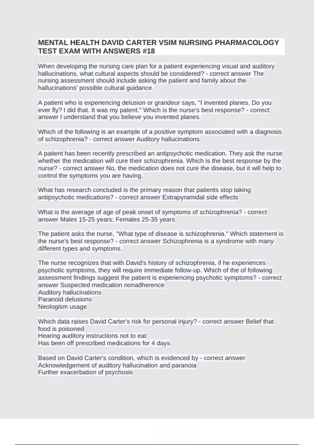 MENTAL HEALTH DAVID CARTER VSIM NURSING PHARMACOLOGY TEST EXAM WITH ...