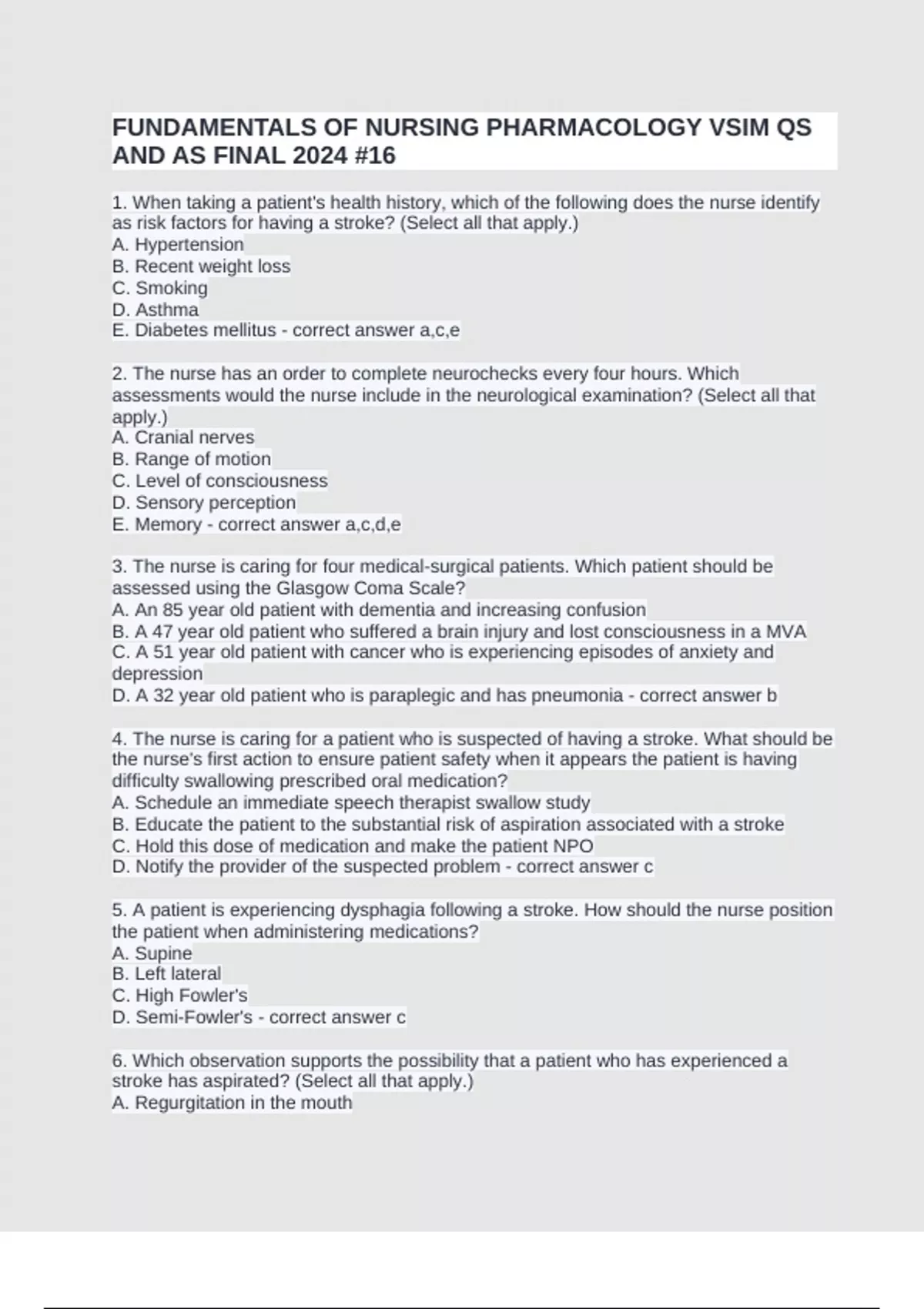 FUNDAMENTALS OF NURSING PHARMACOLOGY VSIM QS AND AS FINAL 2024 -16 - VSim for Nursing ...