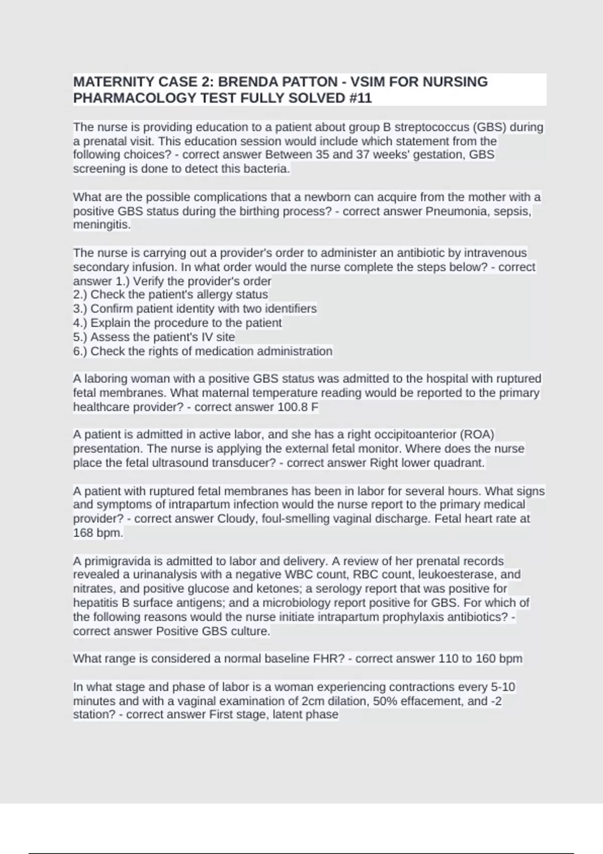 MATERNITY CASE 2- BRENDA PATTON - VSIM FOR NURSING PHARMACOLOGY TEST ...