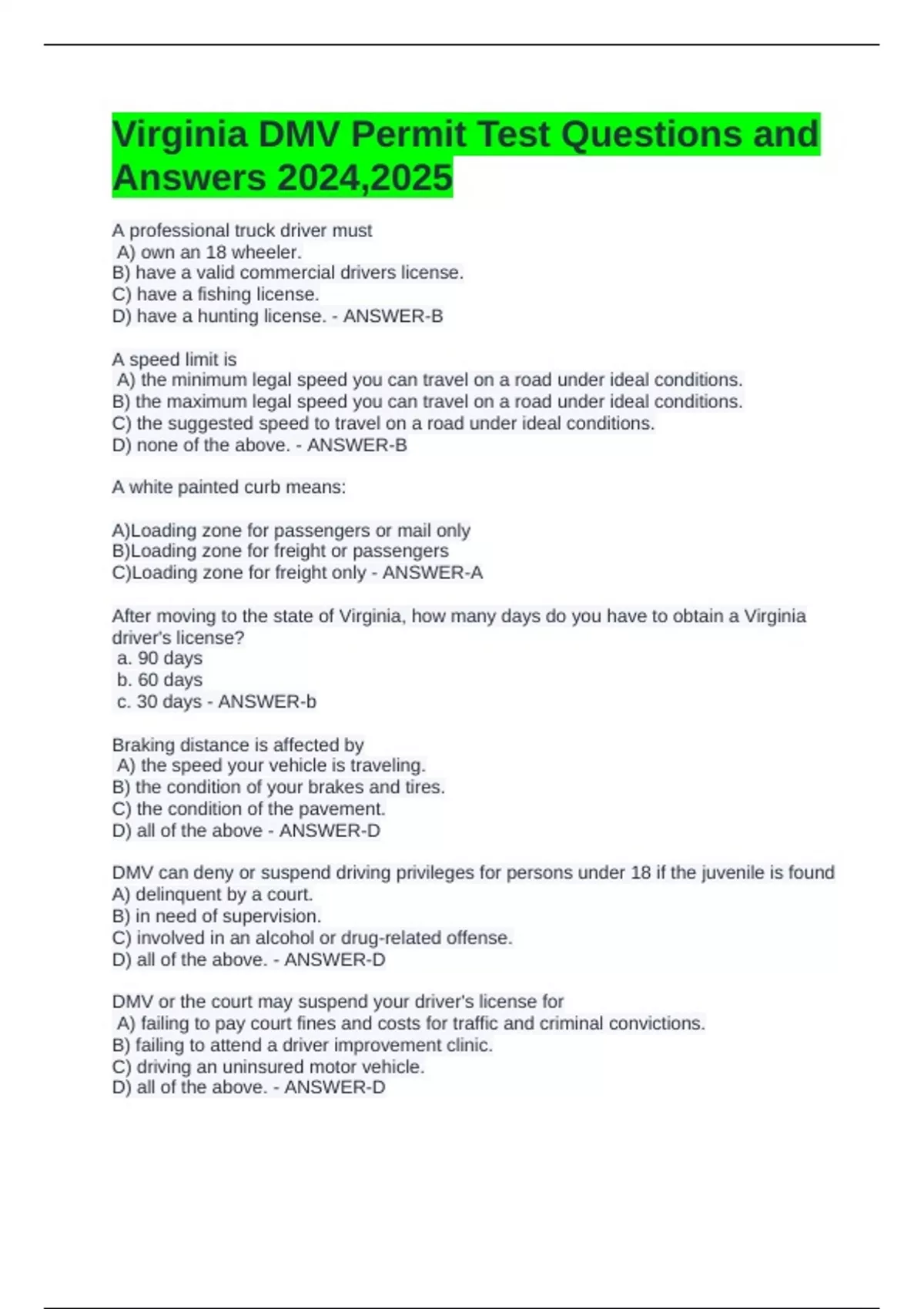 Virginia DMV Permit Test Questions and Answers 2024,2025 - Virginia DMV ...