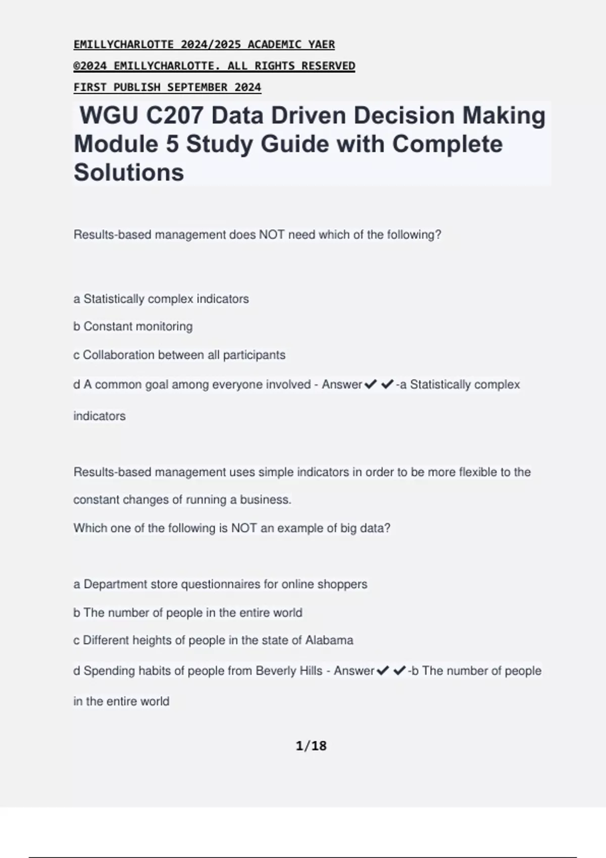 WGU C207 Data Driven Decision Making Module 5 Study Guide with Complete ...