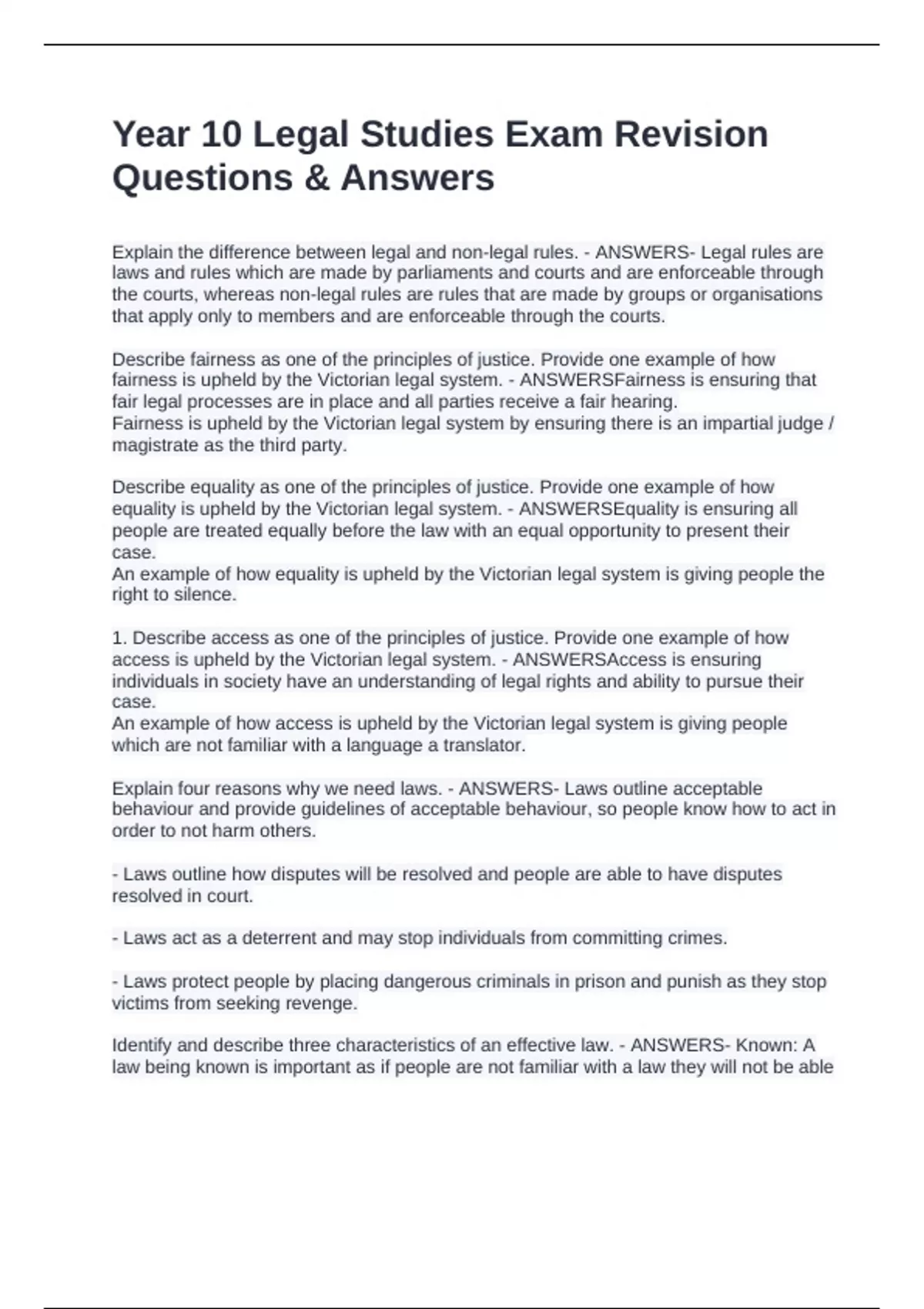 Year 10 Legal Studies Exam Revision Questions & Answers - Year 10 Legal ...