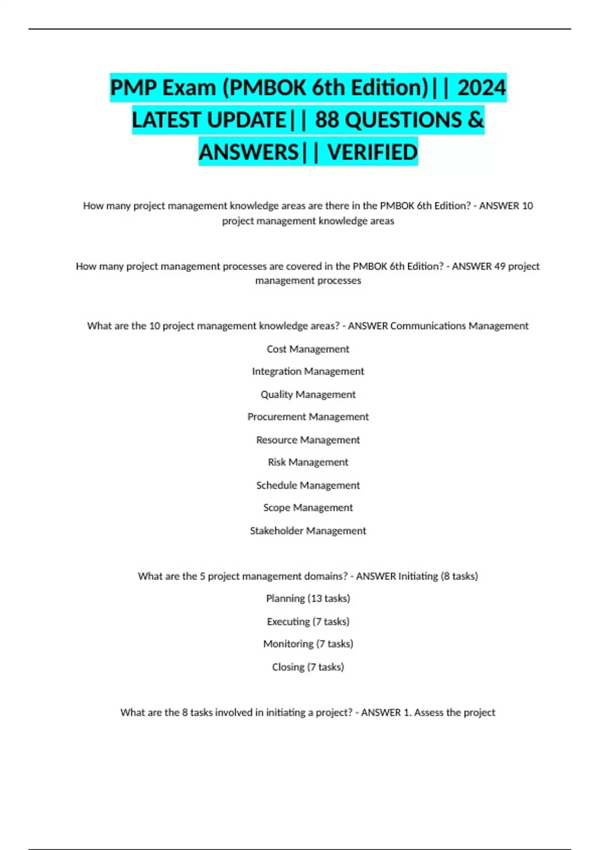 PMP Exam (PMBOK 6th Edition)|| 2024 LATEST UPDATE|| 88 QUESTIONS ...