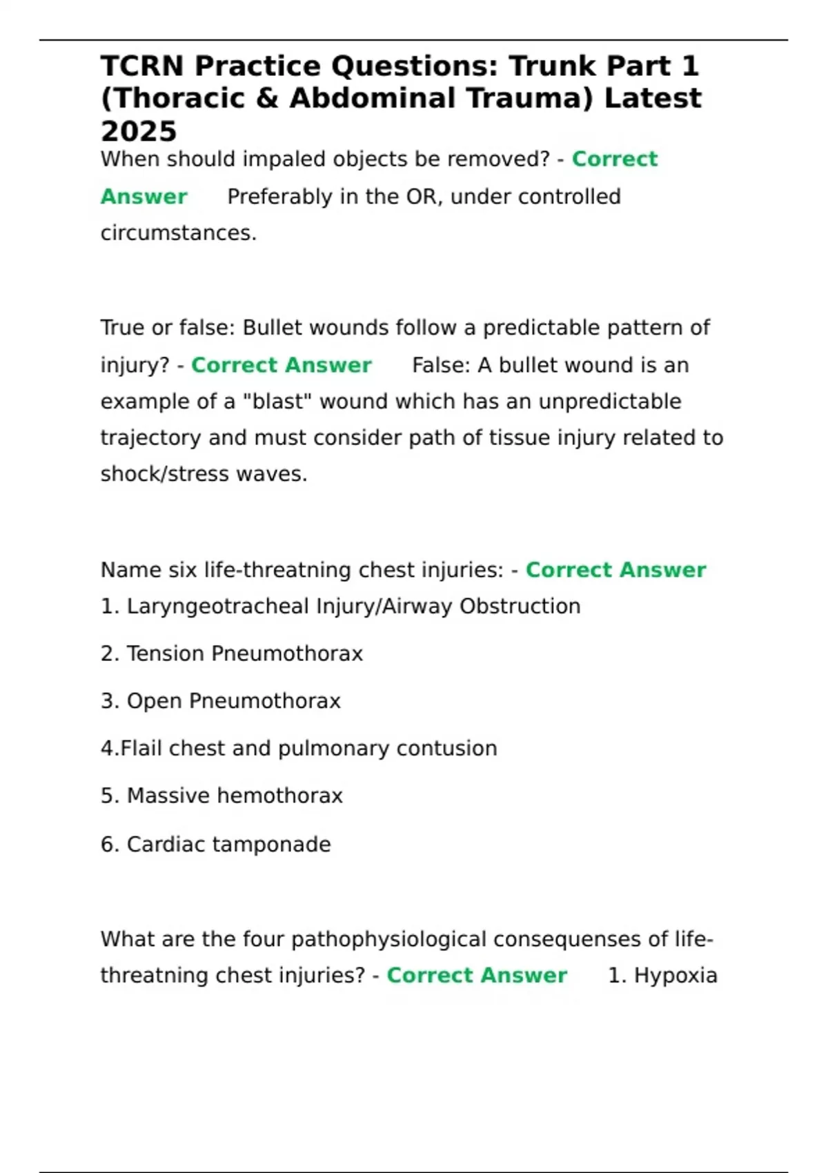 Summary TCRN Practice Questions: Trunk Part 1 (Thoracic & Abdominal ...