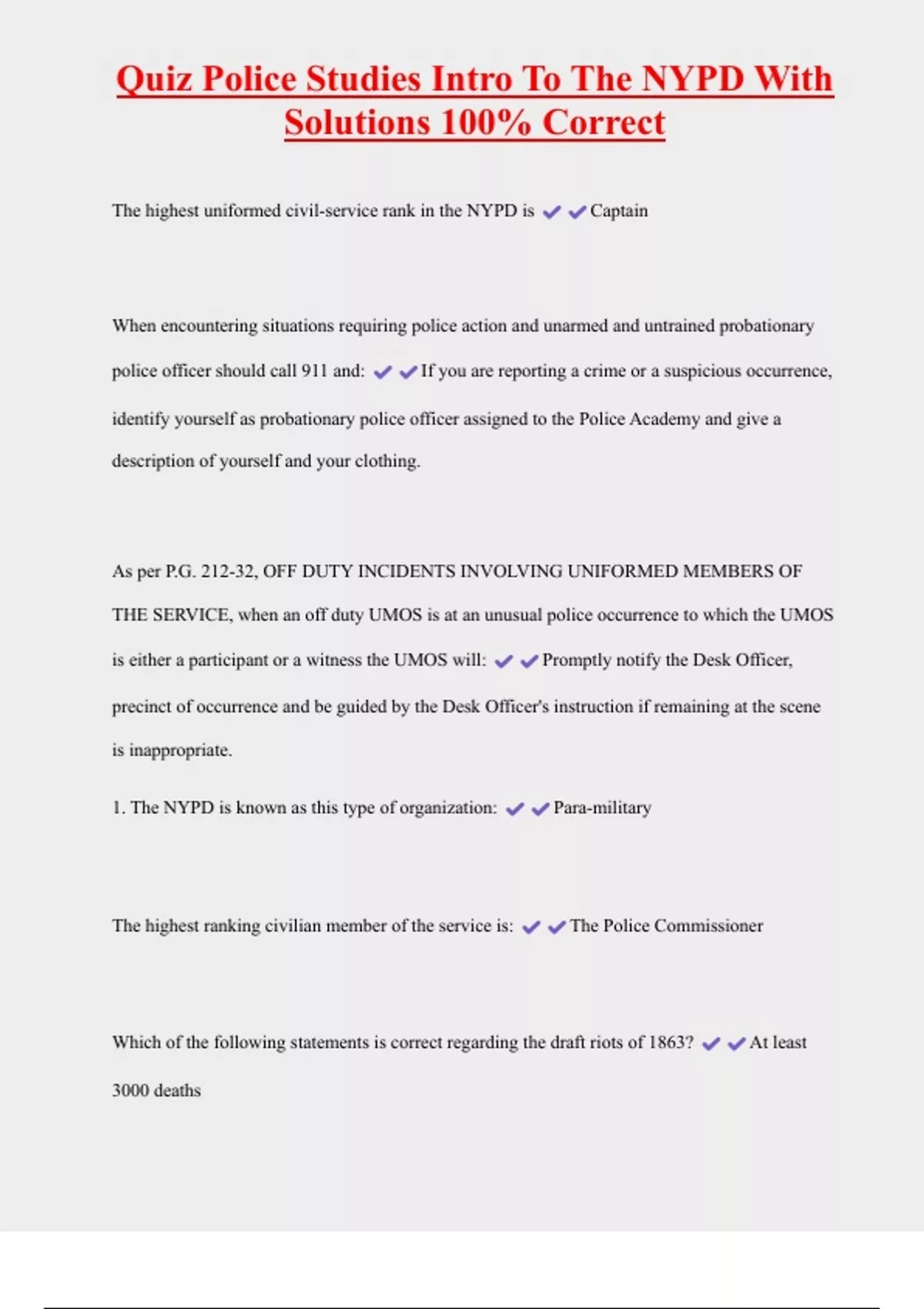 Quiz Police Studies Intro To The NYPD With Solutions 100% Correct ...