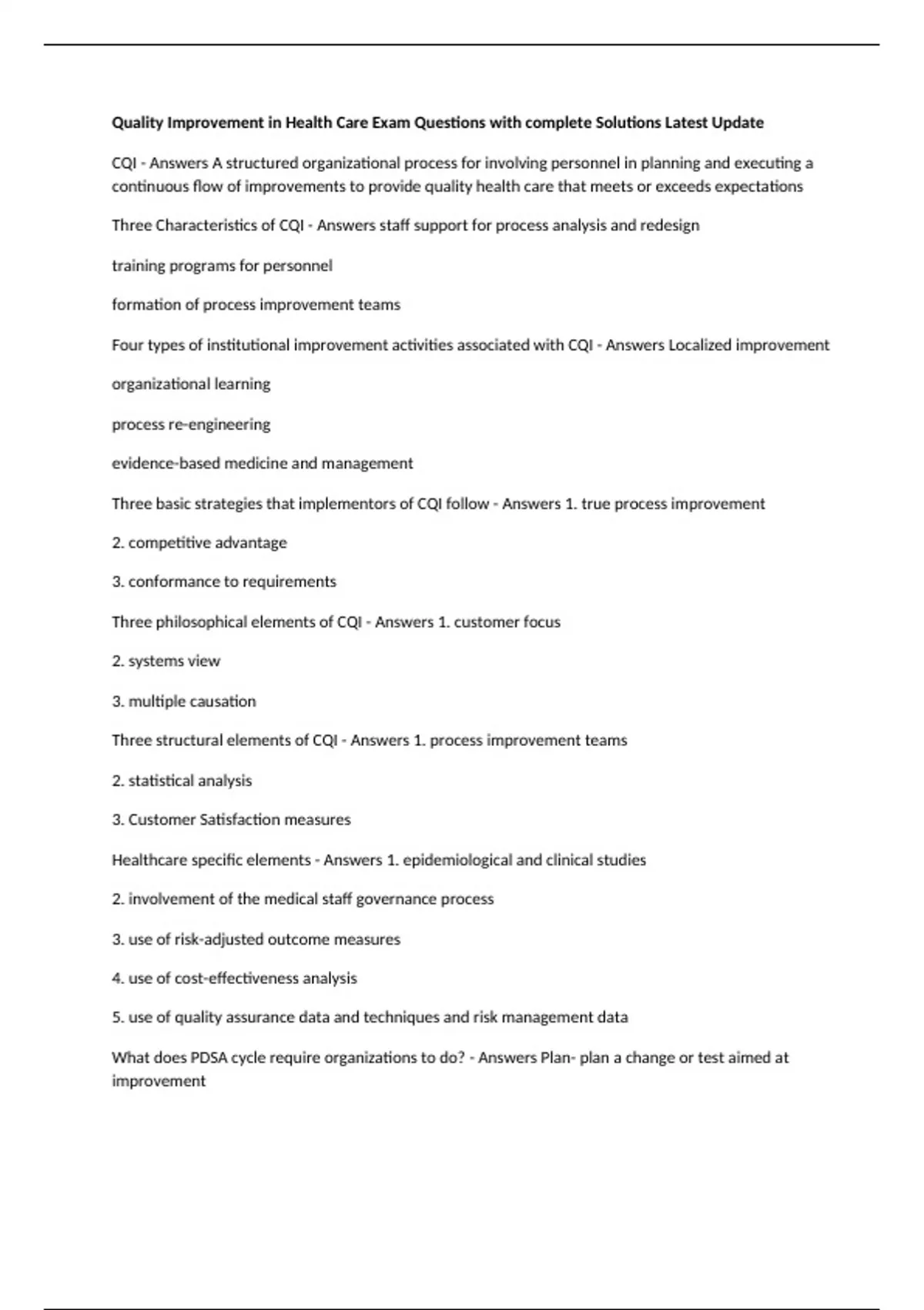 Quality Improvement in Health Care Exam Questions with complete ...