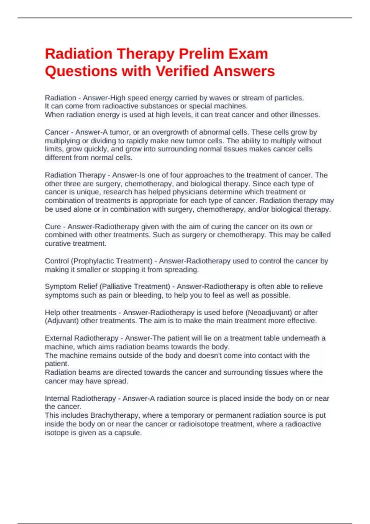 Radiation Therapy Prelim Exam Questions with Verified Answers ...