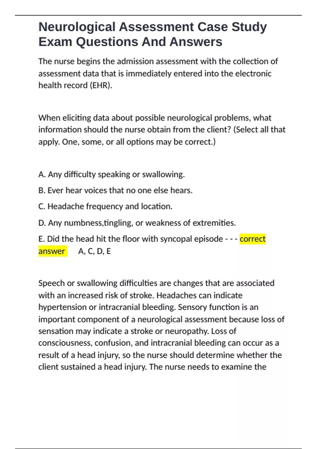 Neurological Assessment Case Study Exam Questions And Answers ...