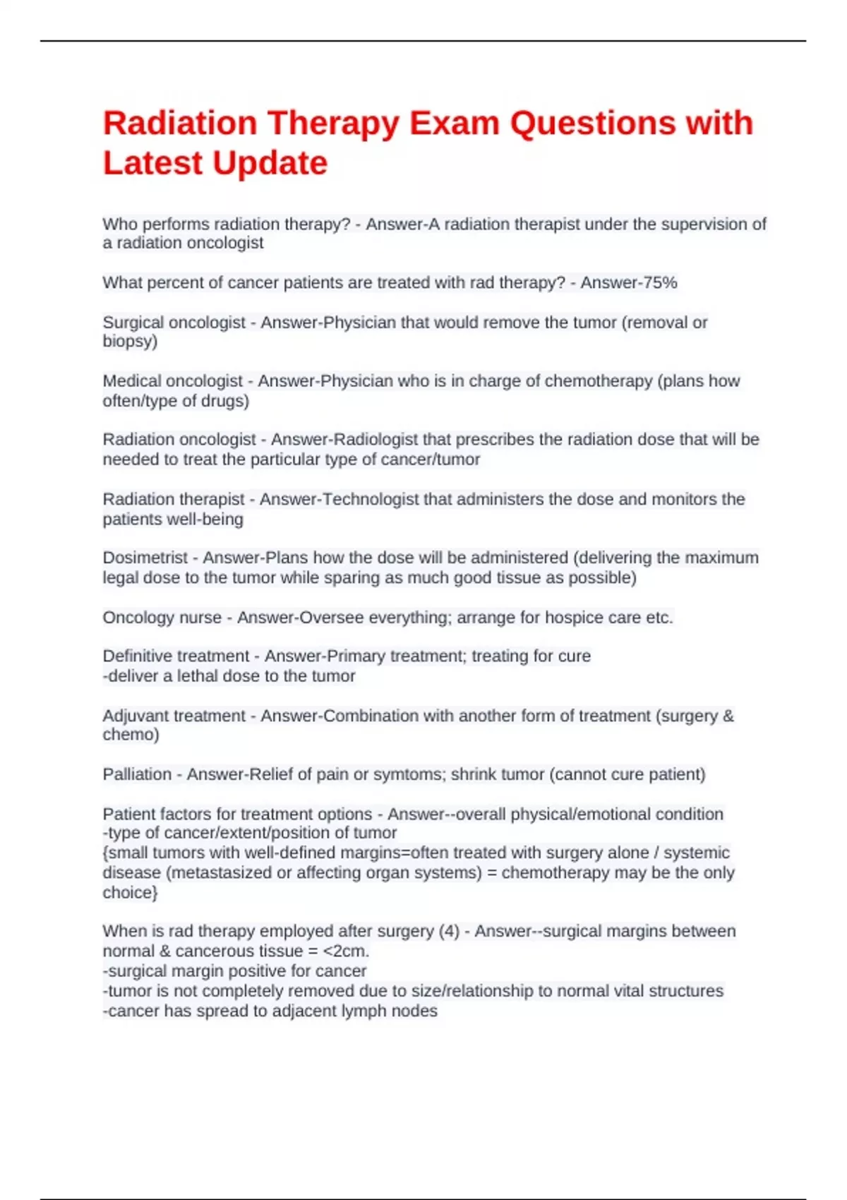 Radiation Therapy Exam Questions with Latest Update - Radiation therapy ...