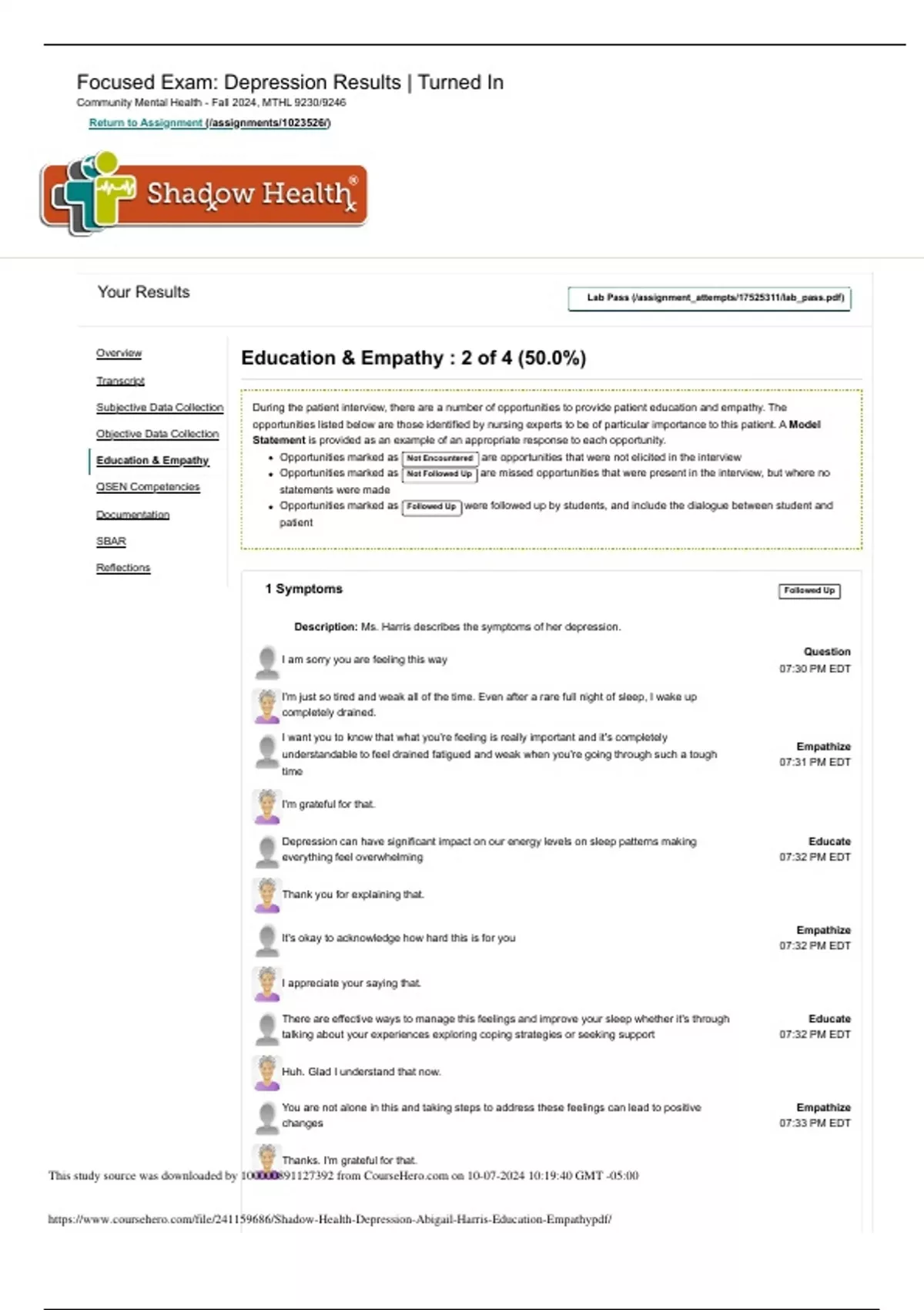 Shadow Health Depression Abigail Harris Education Empathy. - MTHL 9230/ ...
