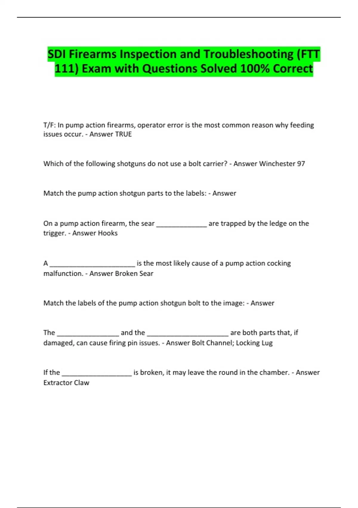 SDI Firearms Inspection and Troubleshooting (FTT 111) Exam with ...