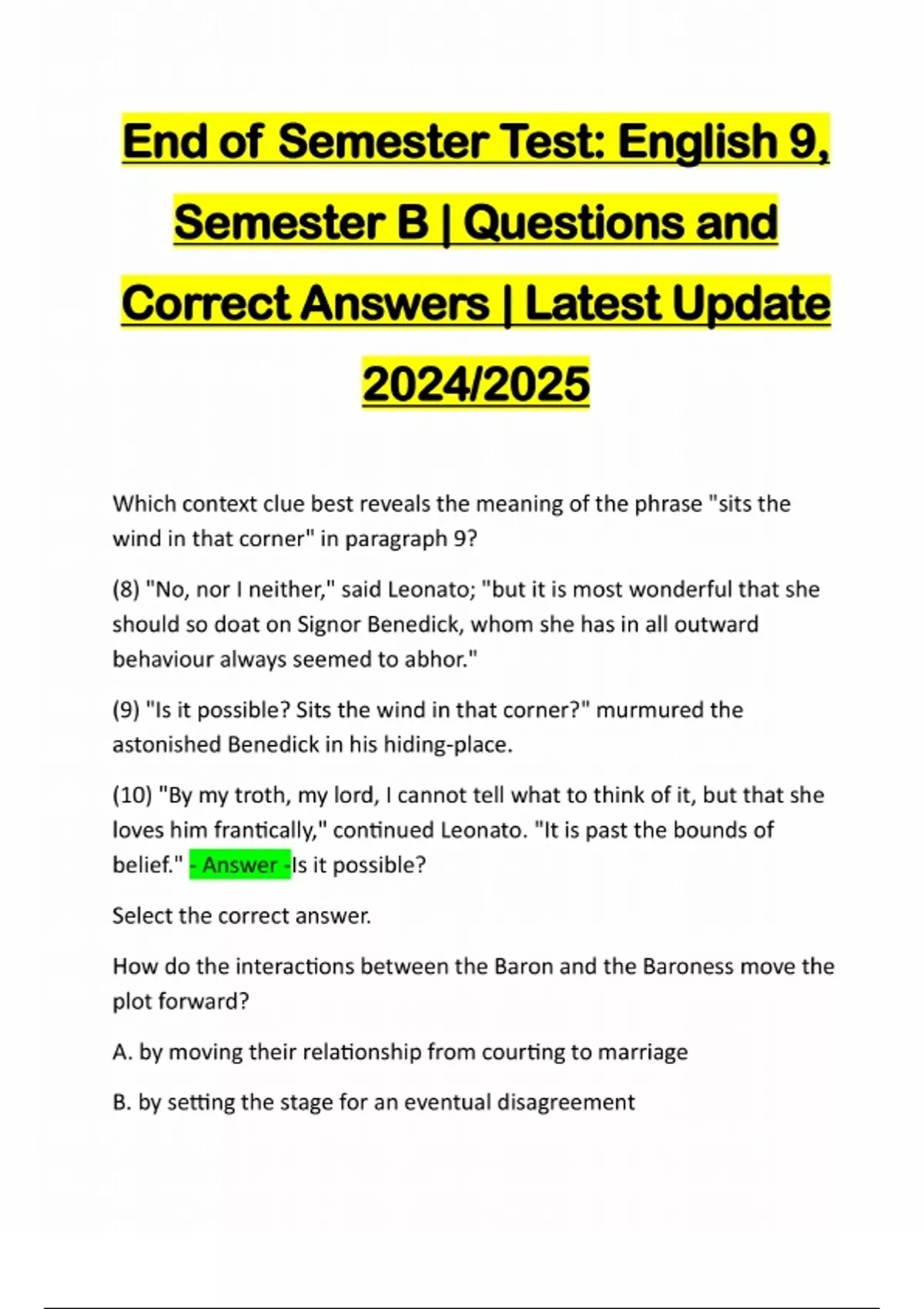 End of Semester Test: English 9, Semester B | Questions and Correct ...