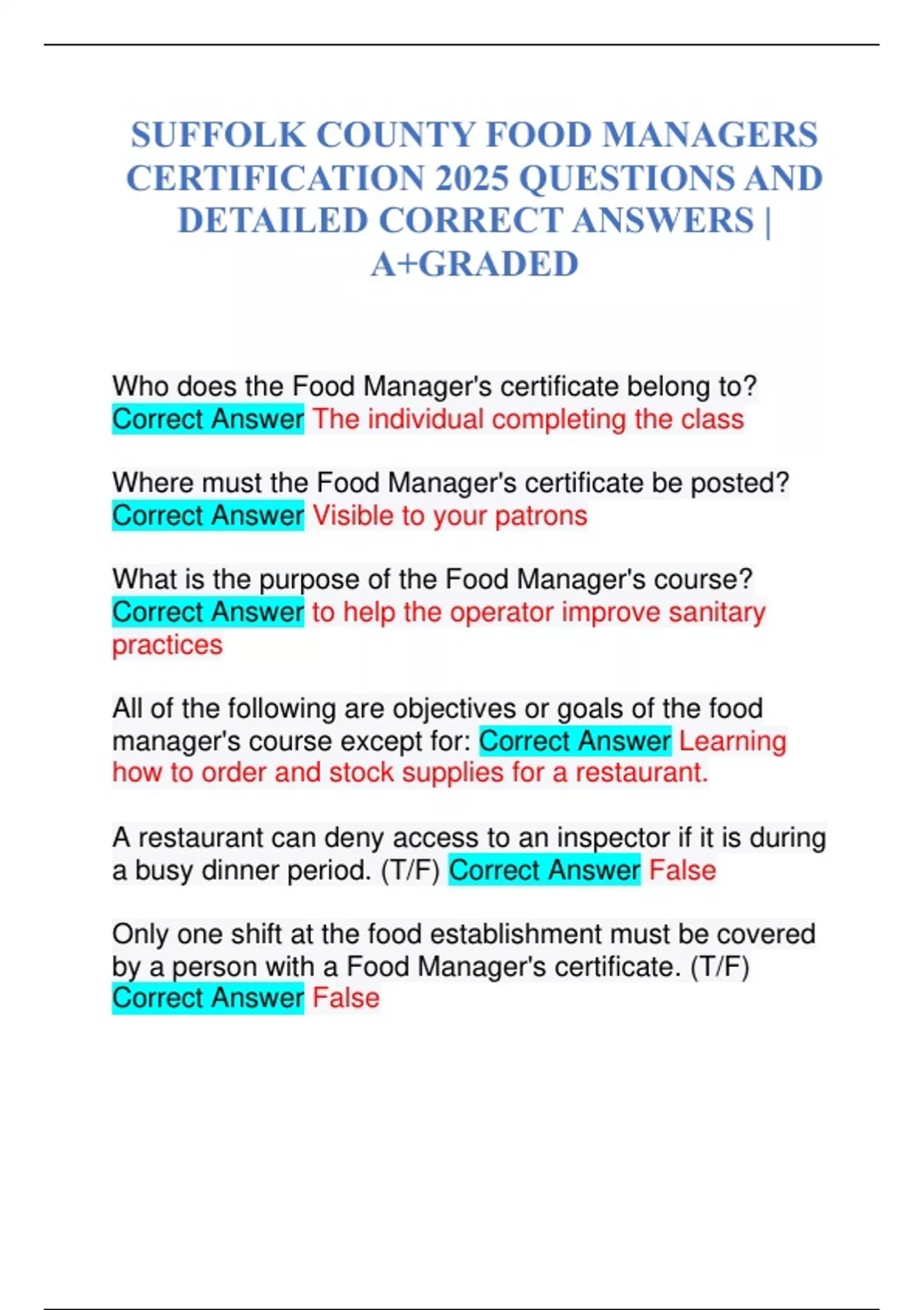 SUFFOLK COUNTY FOOD MANAGERS CERTIFICATION 2025 QUESTIONS AND DETAILED ...