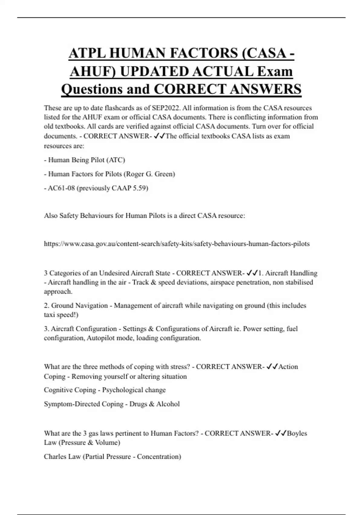 ATPL HUMAN FACTORS (CASA - AHUF) UPDATED ACTUAL Exam Questions and ...