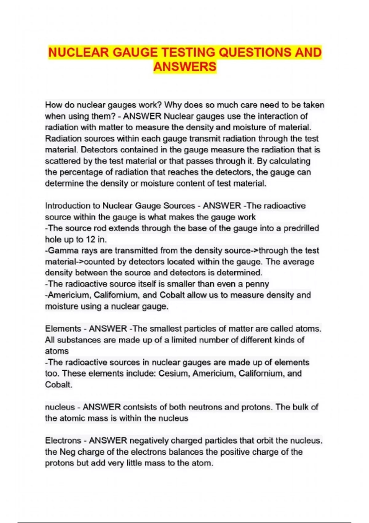 NUCLEAR GAUGE TESTING QUESTIONS AND ANSWERS - NUCLEAR GAUGE - Stuvia US