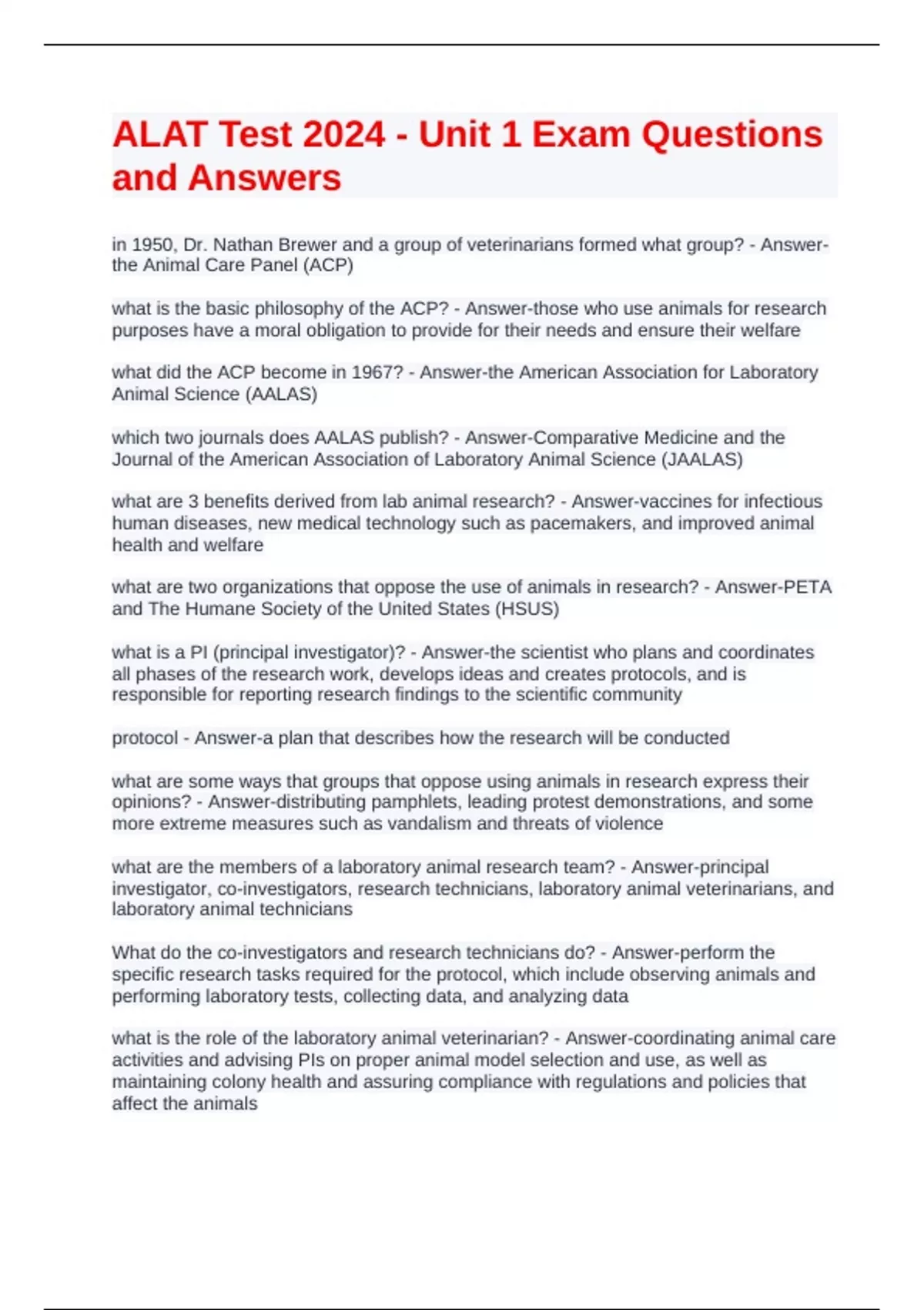 ALAT Test 2024 - Unit 1 Exam Questions and Answers - Laboratory Animal ...
