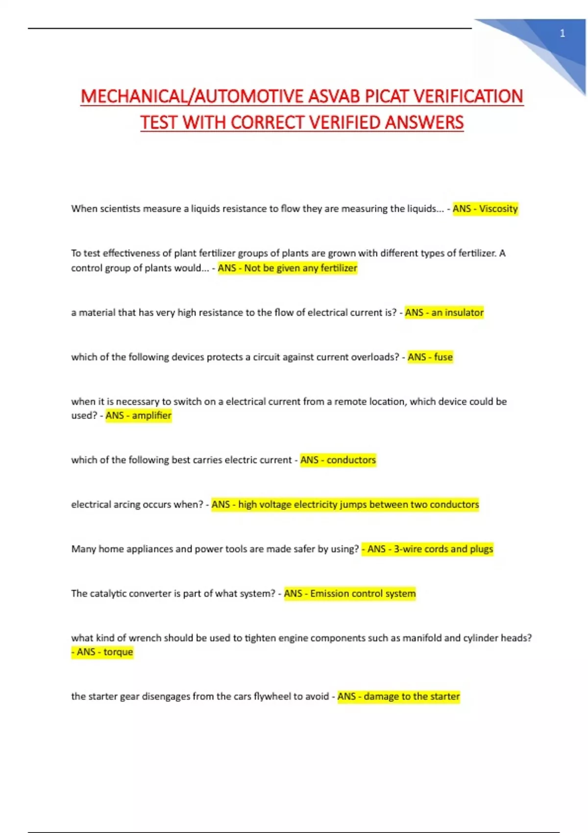 MECHANICAL/AUTOMOTIVE ASVAB PICAT VERIFICATION TEST WITH CORRECT ...