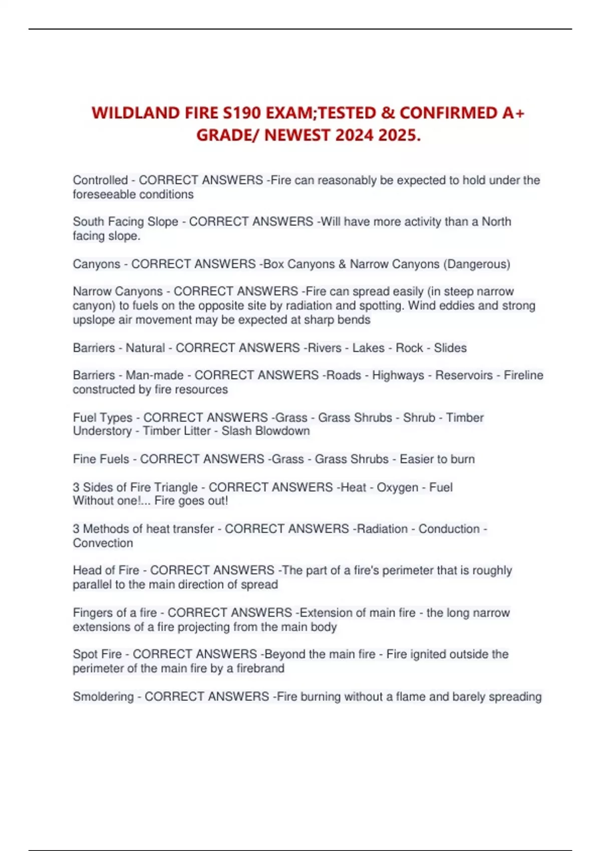 WILDLAND FIRE S190 EXAM;TESTED & CONFIRMED A+ GRADE/ NEWEST ...