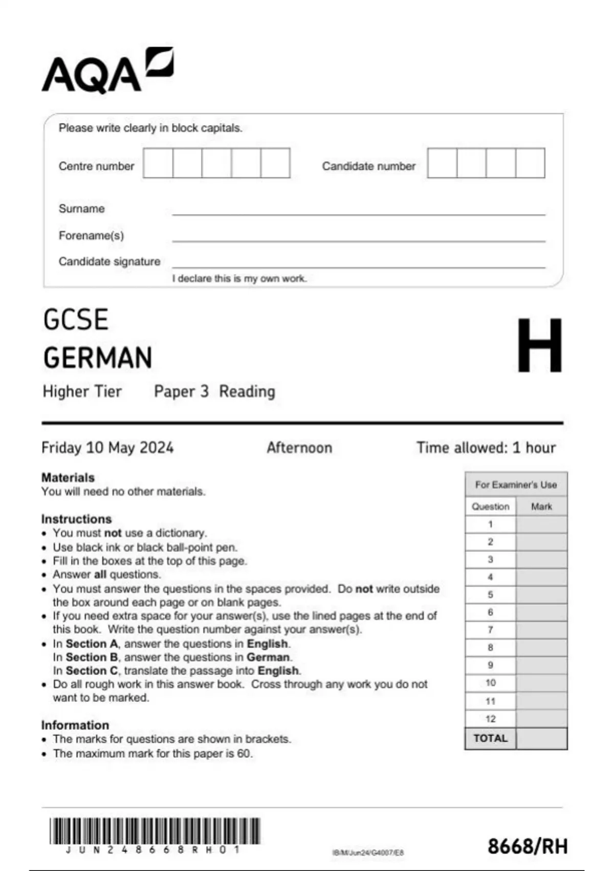 AQA GCSE GERMAN Higher Tier Paper 3 Reading question paper 2024 june ...