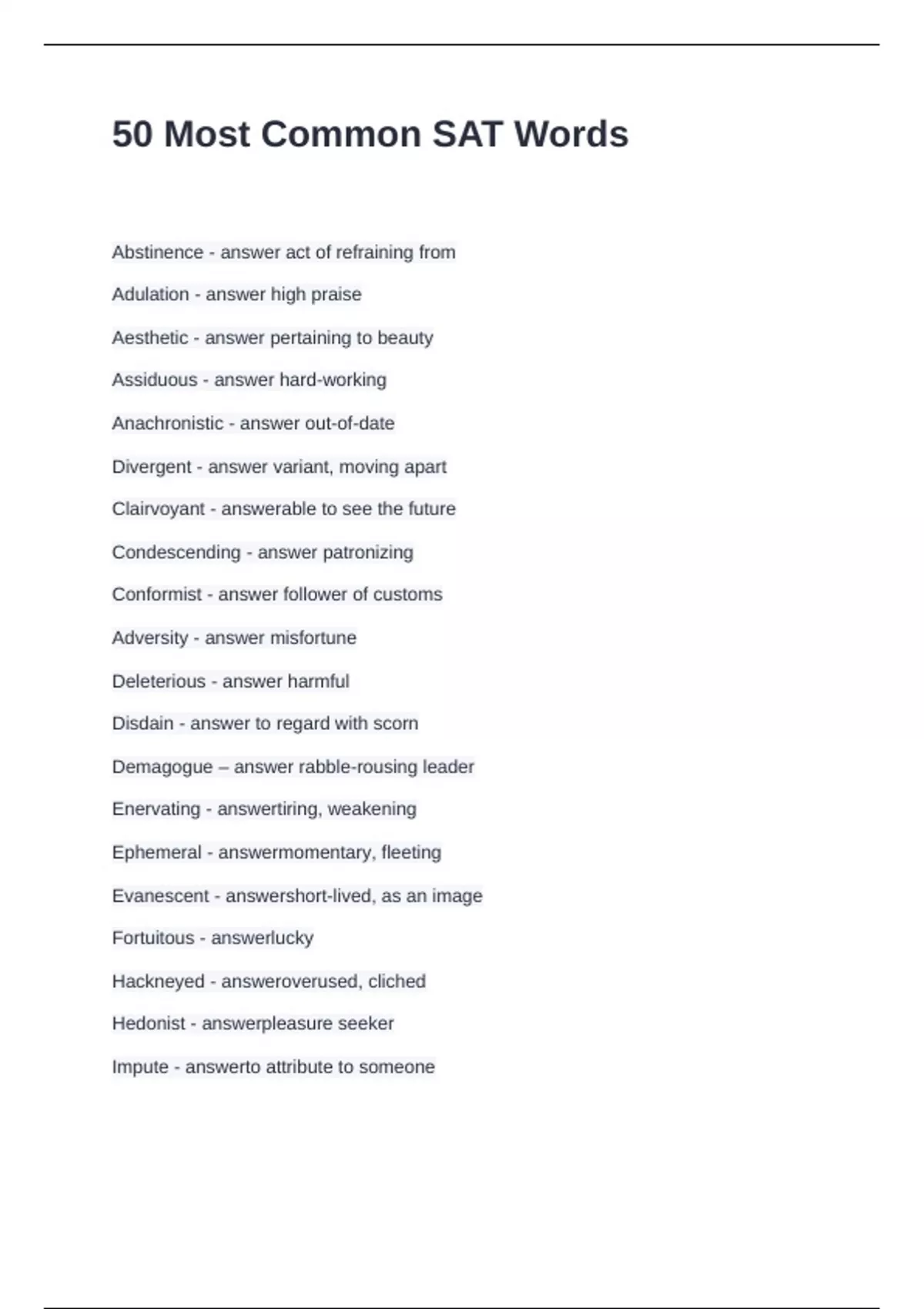 50 Most Common SAT Words Questions and Answers Latest Updated - SAT ...