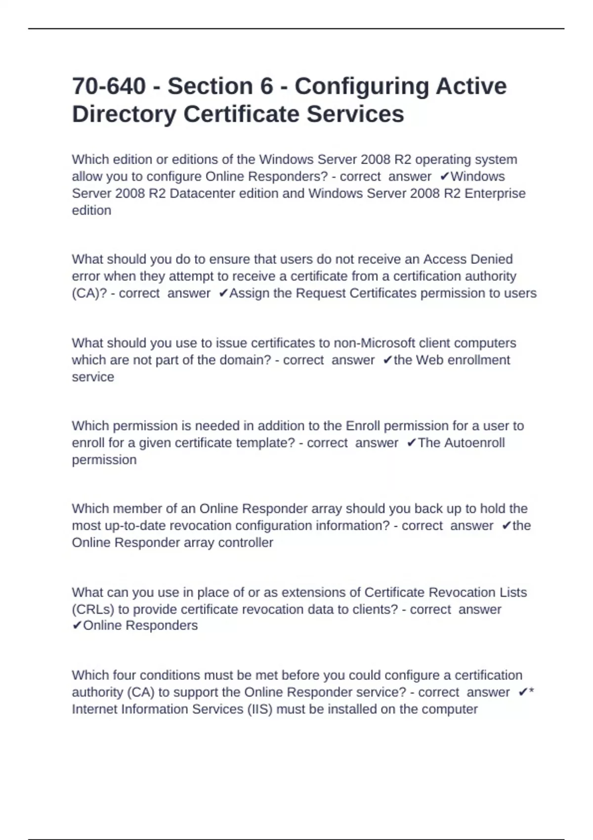 70-640 - Section 6 - Configuring Active Directory Certificate Services Question and answers 100% ...