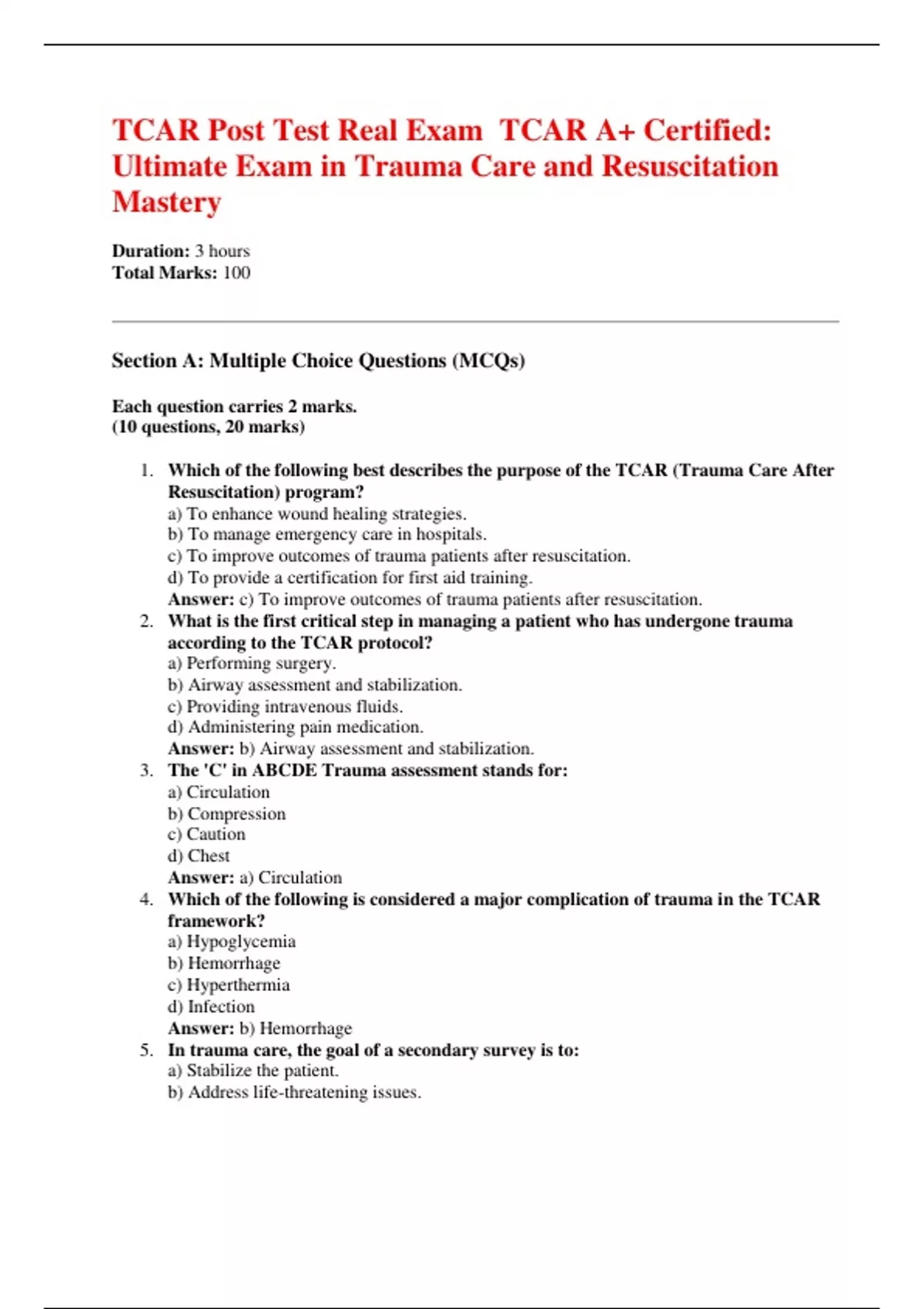 TCAR Post Test Real Exam TCAR A+ Certified: Ultimate Exam in Trauma ...