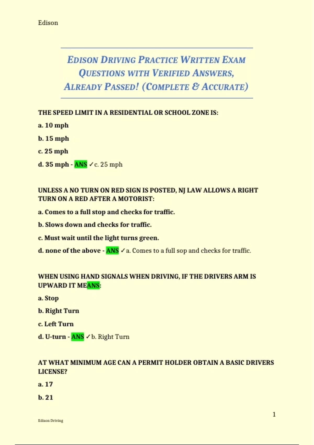 EDISON DRIVING PRACTICE WRITTEN EXAM QUESTIONS WITH VERIFIED ANSWERS ...