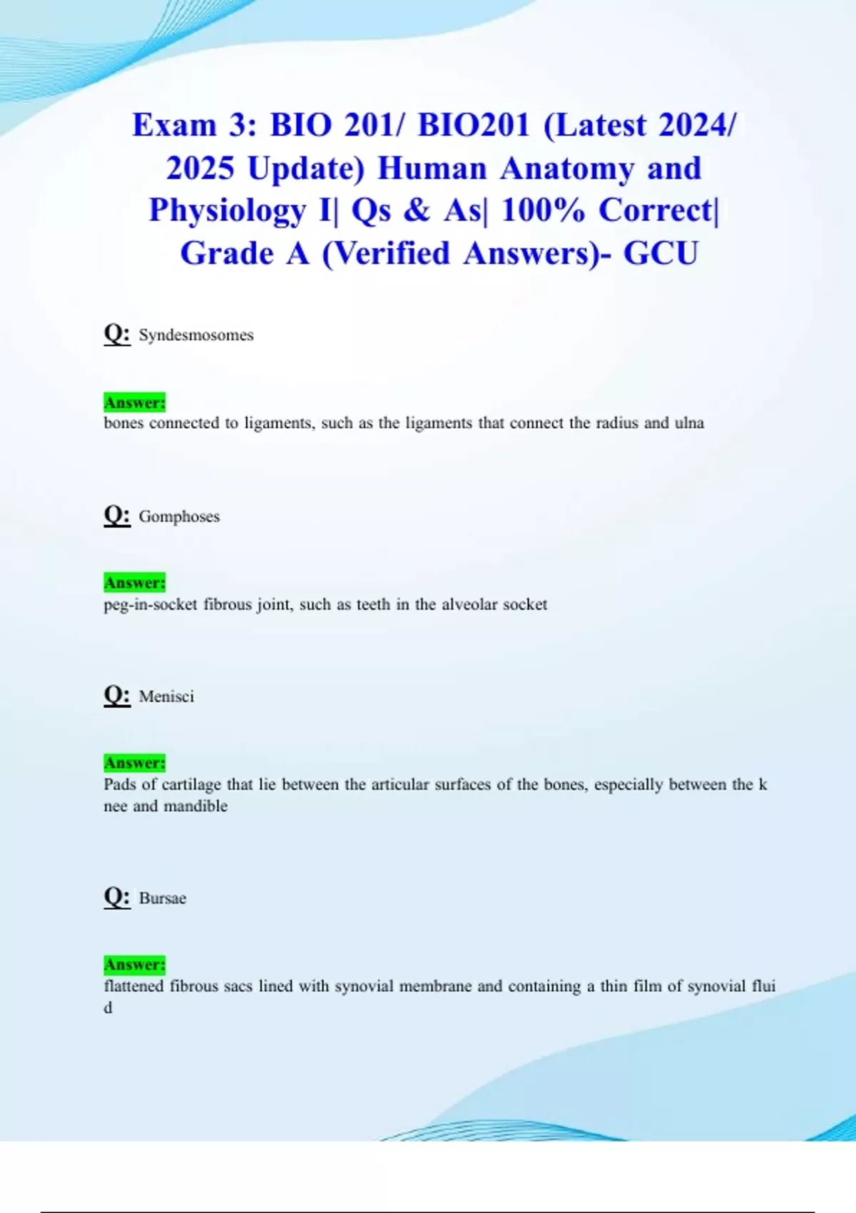 Exam 3: BIO 201/ BIO201 (Latest 2024/ 2025 Update) Human Anatomy and ...