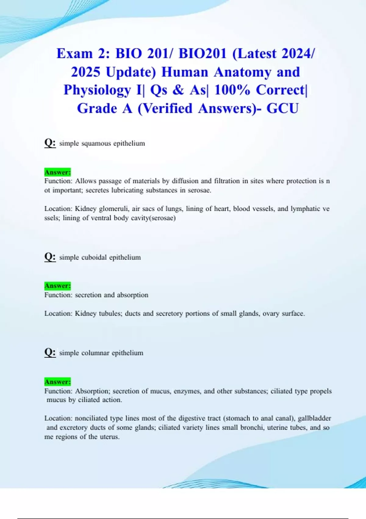 Exam 2: BIO 201/ BIO201 (Latest 2024/ 2025 Update) Human Anatomy and ...