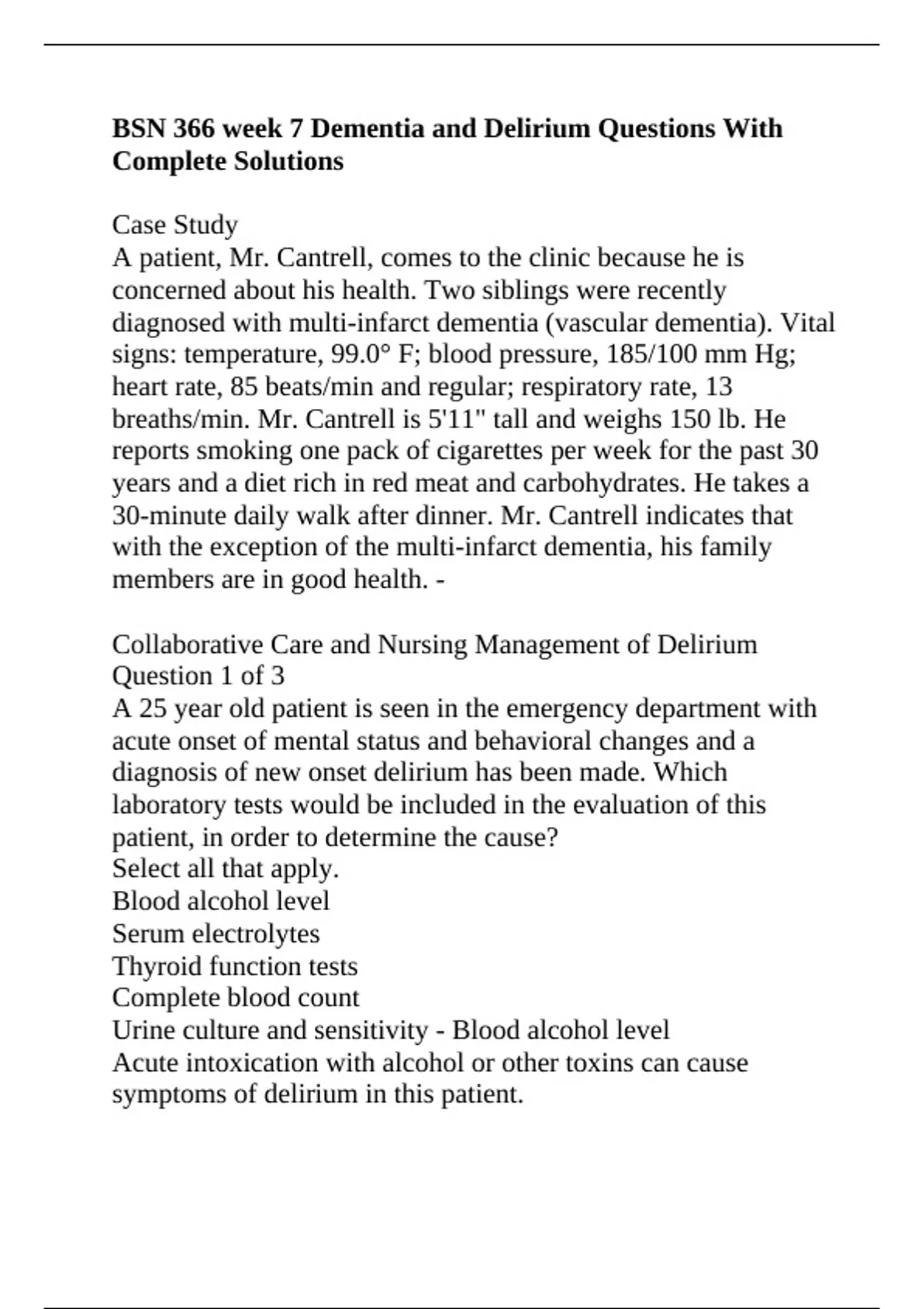 BSN 366 week 7 Dementia and Delirium Questions With Complete Solutions - BSN 366 - Stuvia US