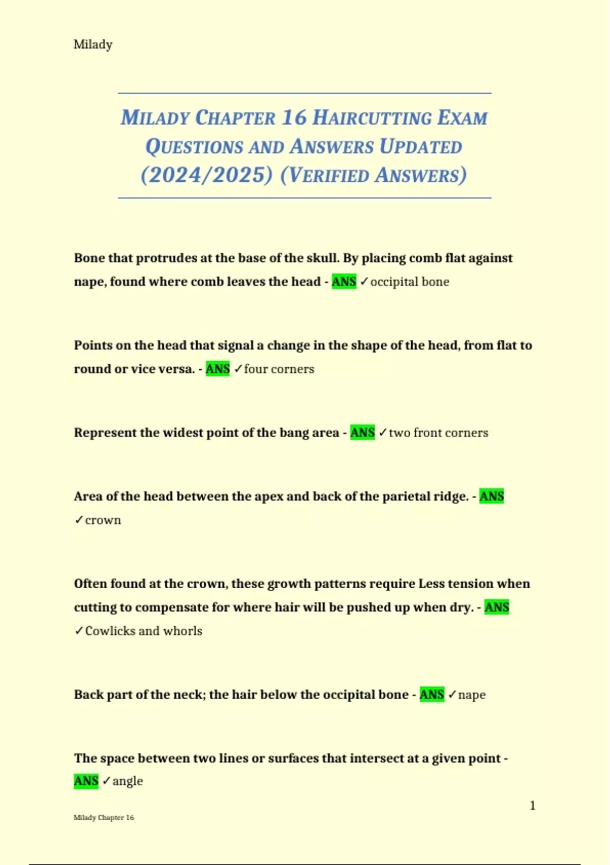 MILADY CHAPTER 16 HAIRCUTTING EXAM QUESTIONS AND ANSWERS UPDATED (2024/2025) (VERIFIED ANSWERS ...