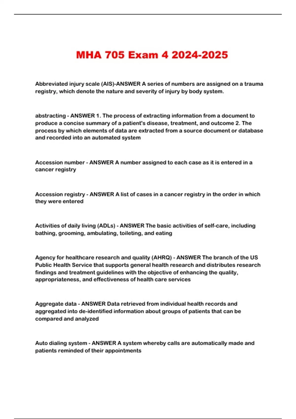 MHA 705 Exam - MHA 705 - Stuvia US