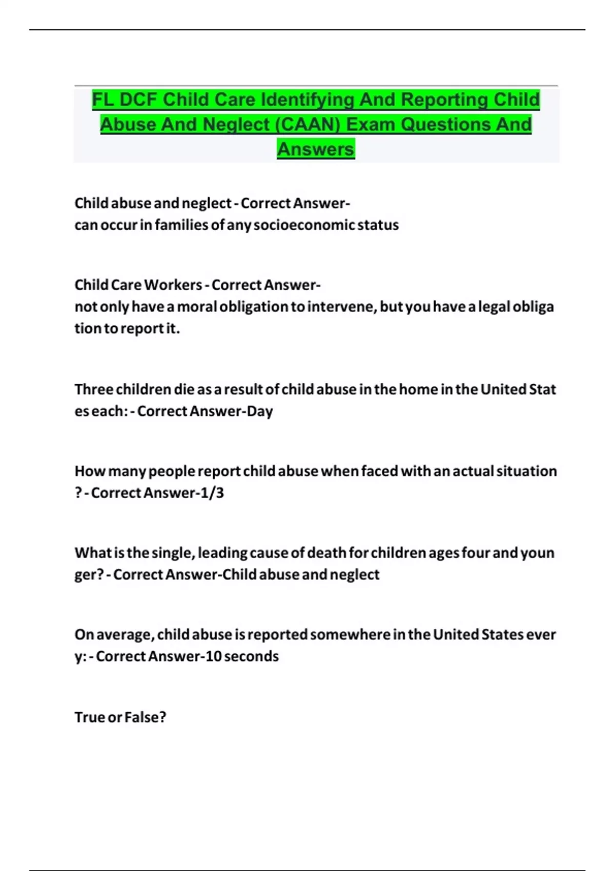 FL DCF Child Care Identifying And Reporting Child Abuse And Neglect (CAAN) Exam Questions And ...