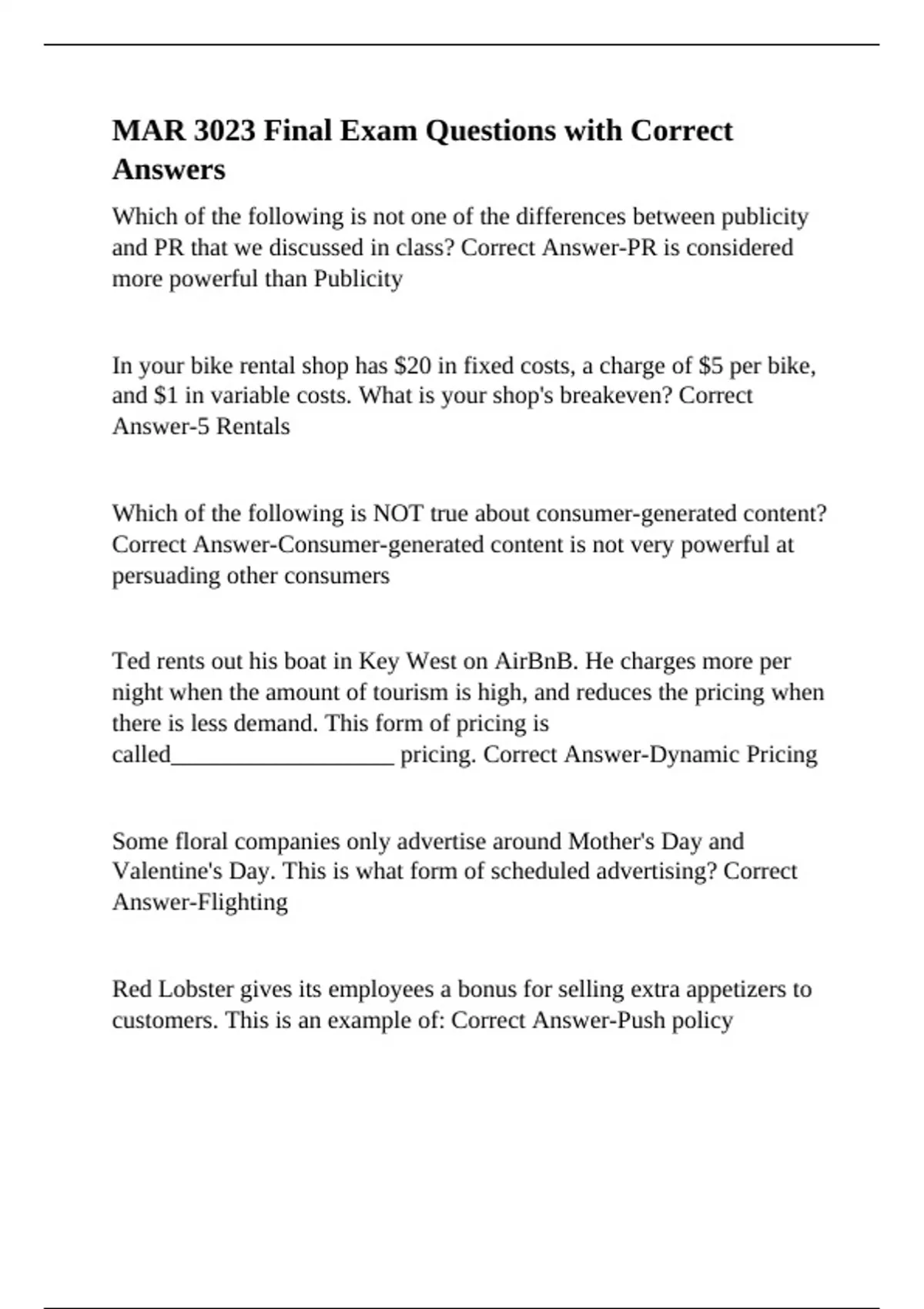 MAR 3023 Final Exam Questions with Correct Answer3. - Mar - Stuvia US