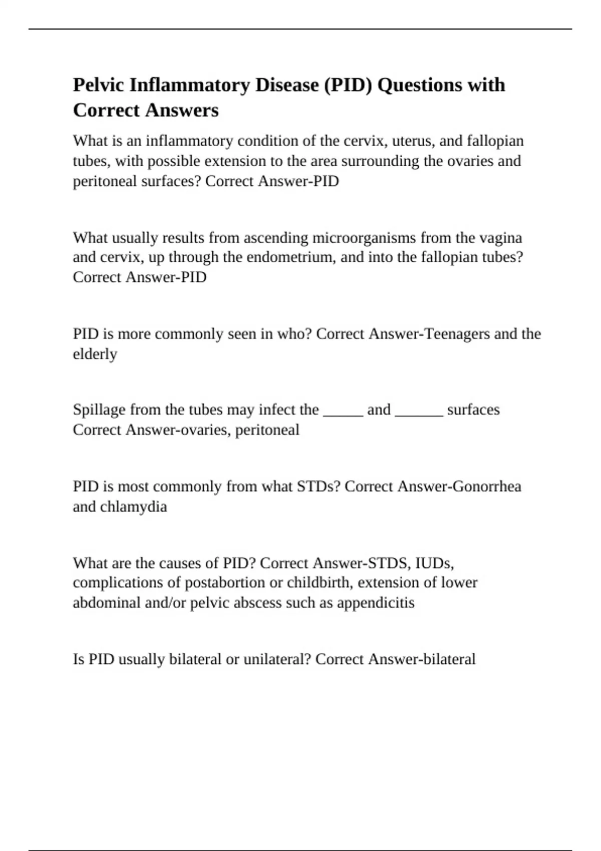 Pelvic Inflammatory Disease (PID) Questions with Correct Answers - Pelvic inflammatory - Stuvia US