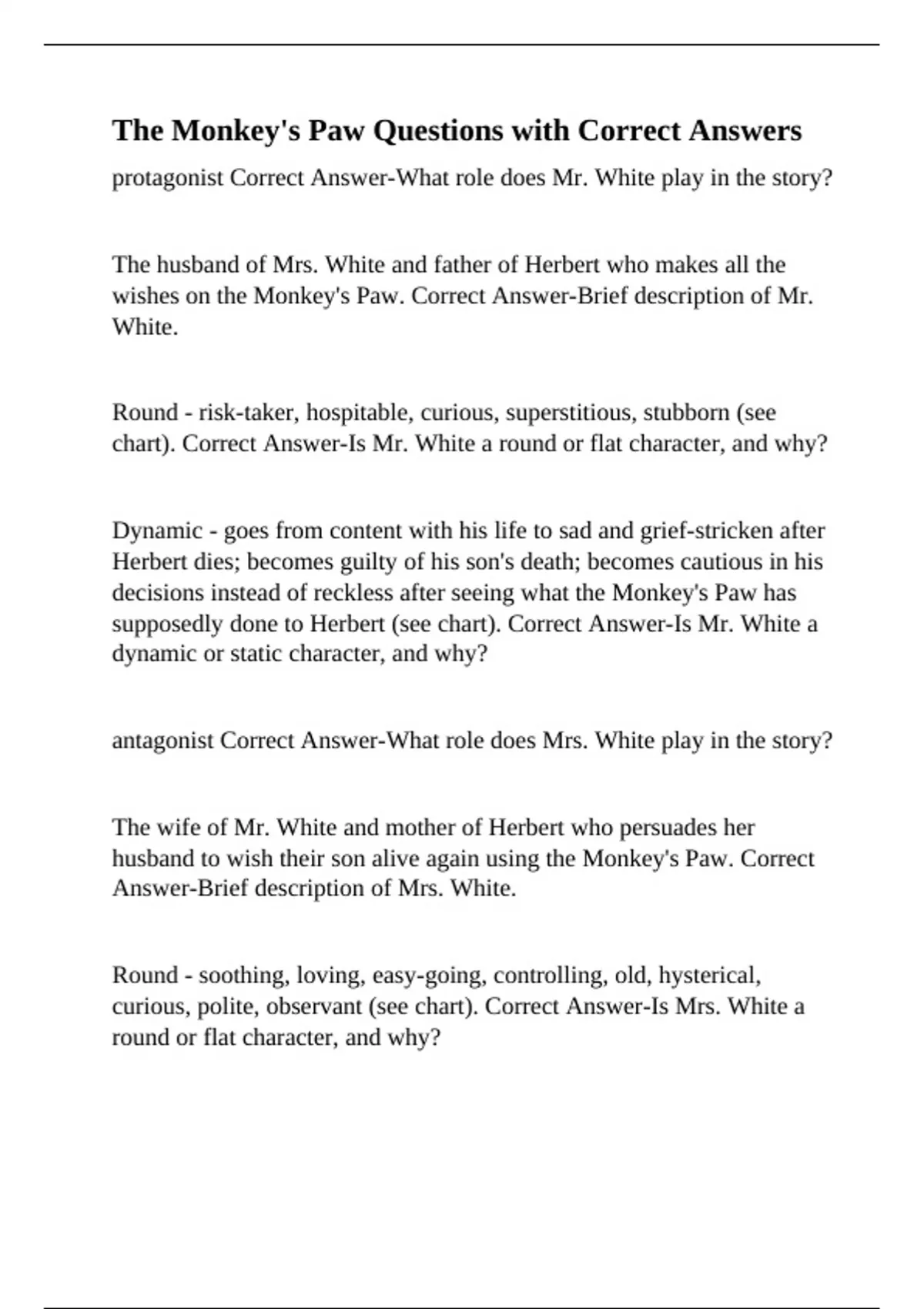 The Monkey's Paw Questions with Correct Answers - Monkey paw - Stuvia US