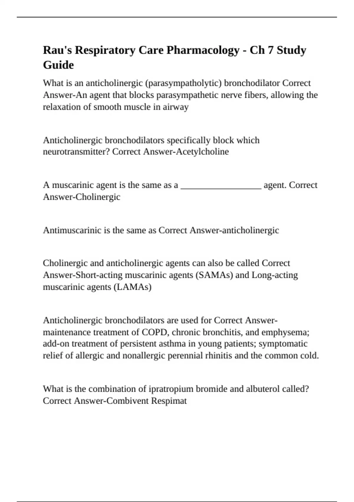 Rau's Respiratory Care Pharmacology - Ch 7 Study Guide - Rau\\\'s ...